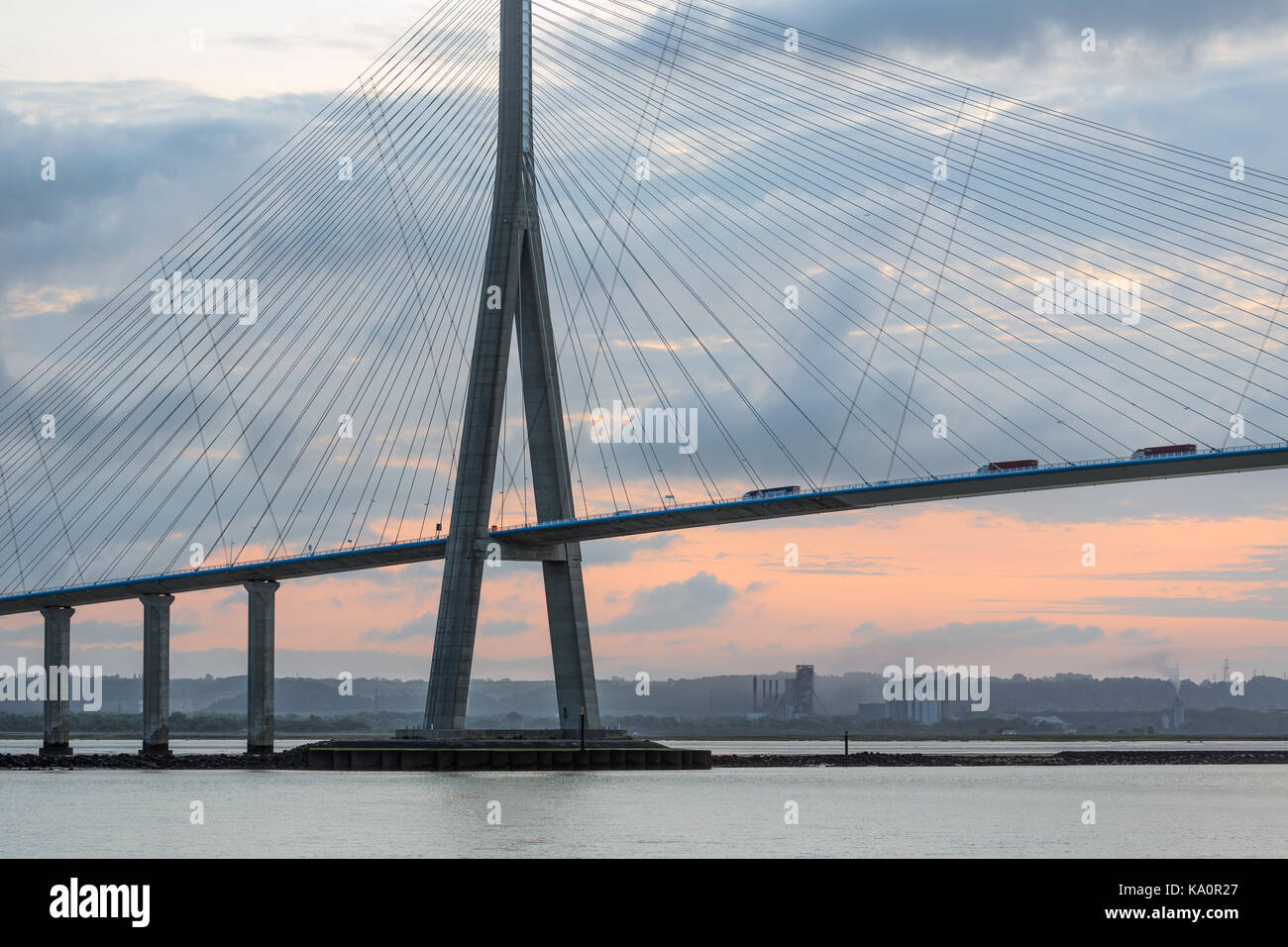 Sunrise view at Pont de Normandie, bridge over river Seine between Le ...