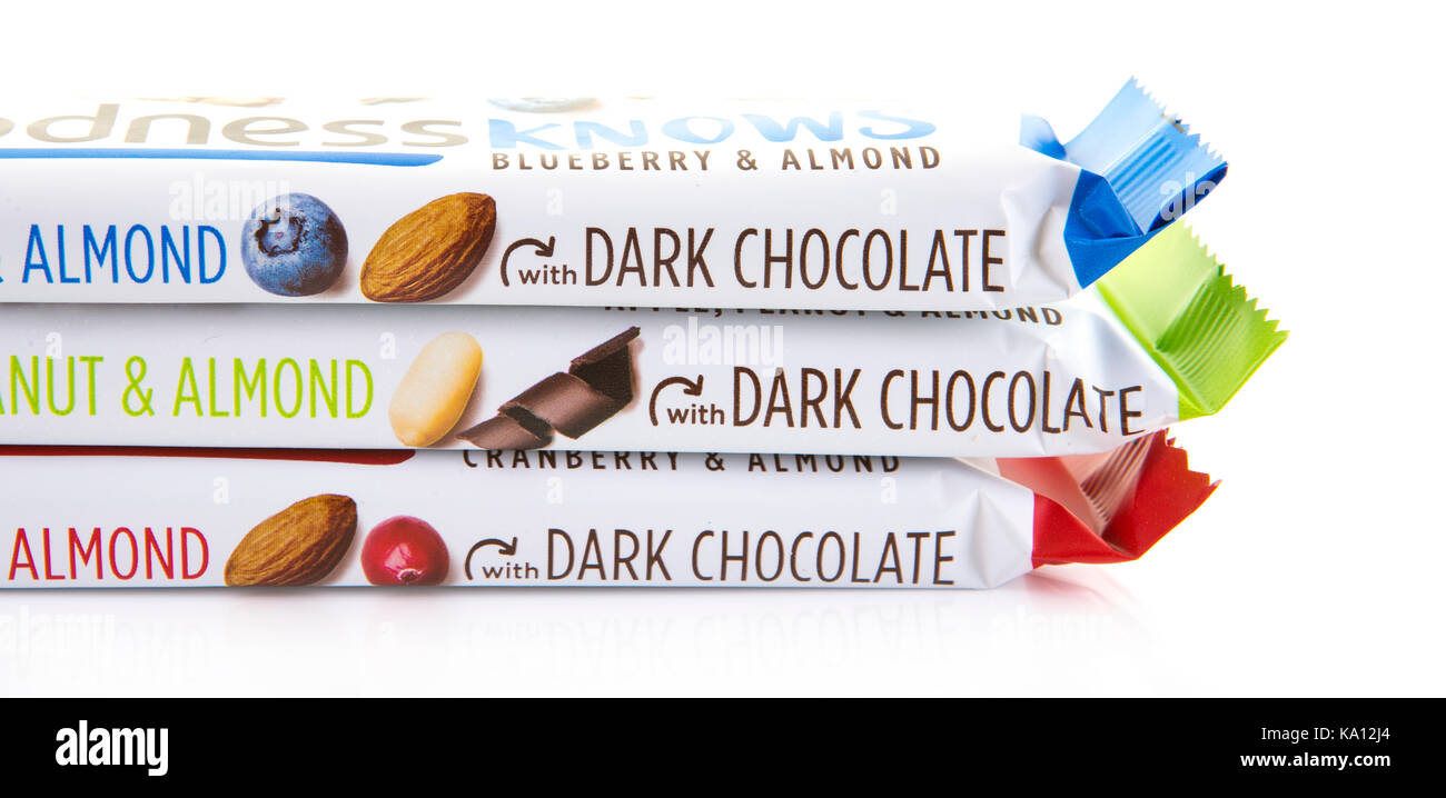 SWINDON, UK - SEPTEMBER 24, 2017: Three Goodness Knows Snack Bars on a ...