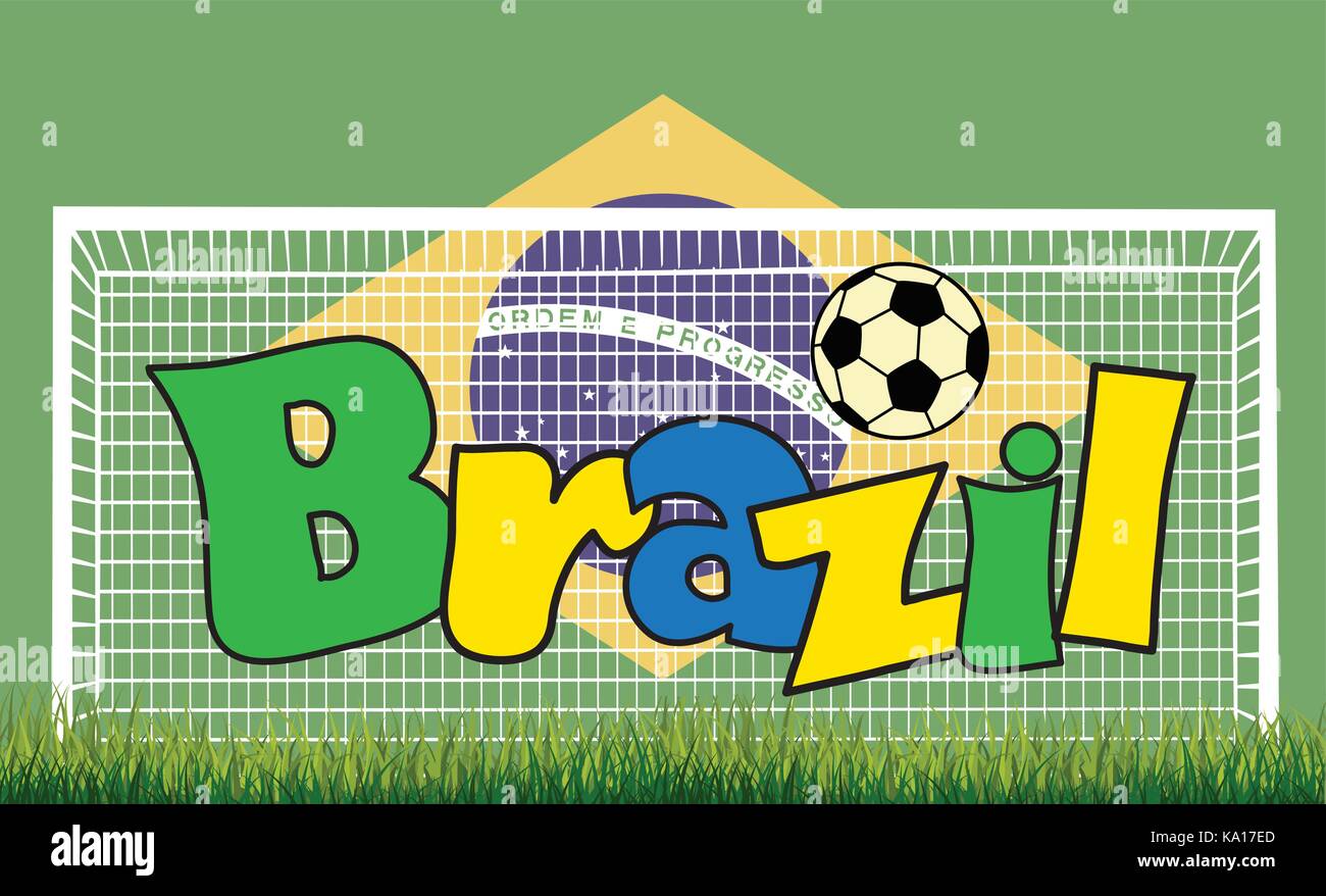 Football field, ball and football goals, inscription doodle Brazil ...