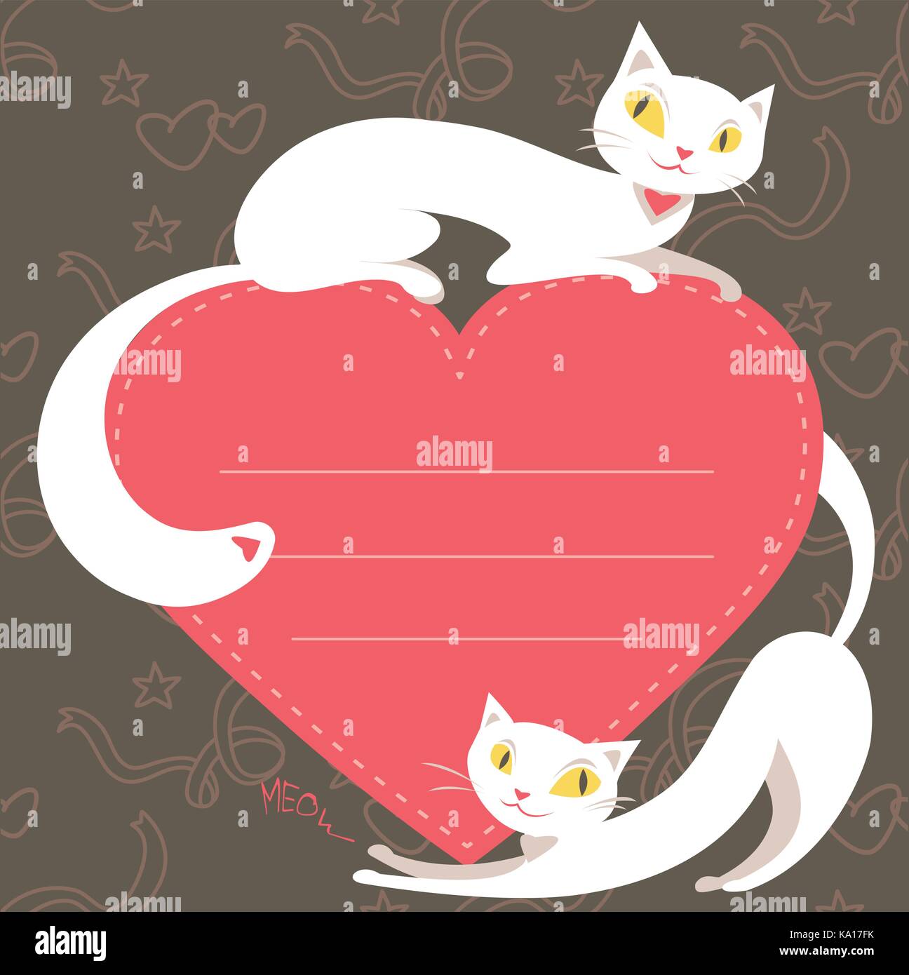Couple of white cats and red heart, greeting card or banner, vector ...