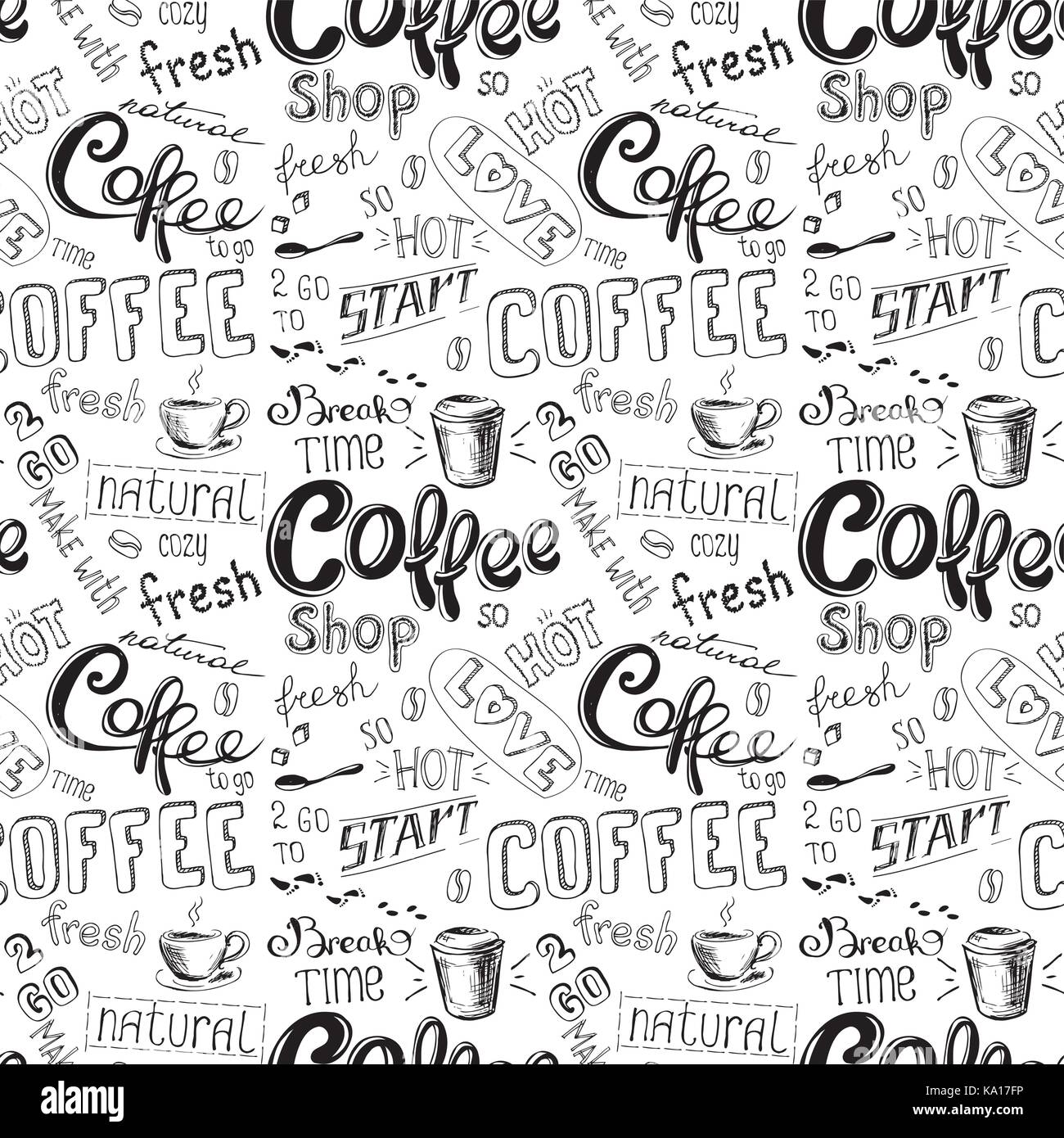 seamless doodle coffee pattern on white background ,hand drawn vector ...