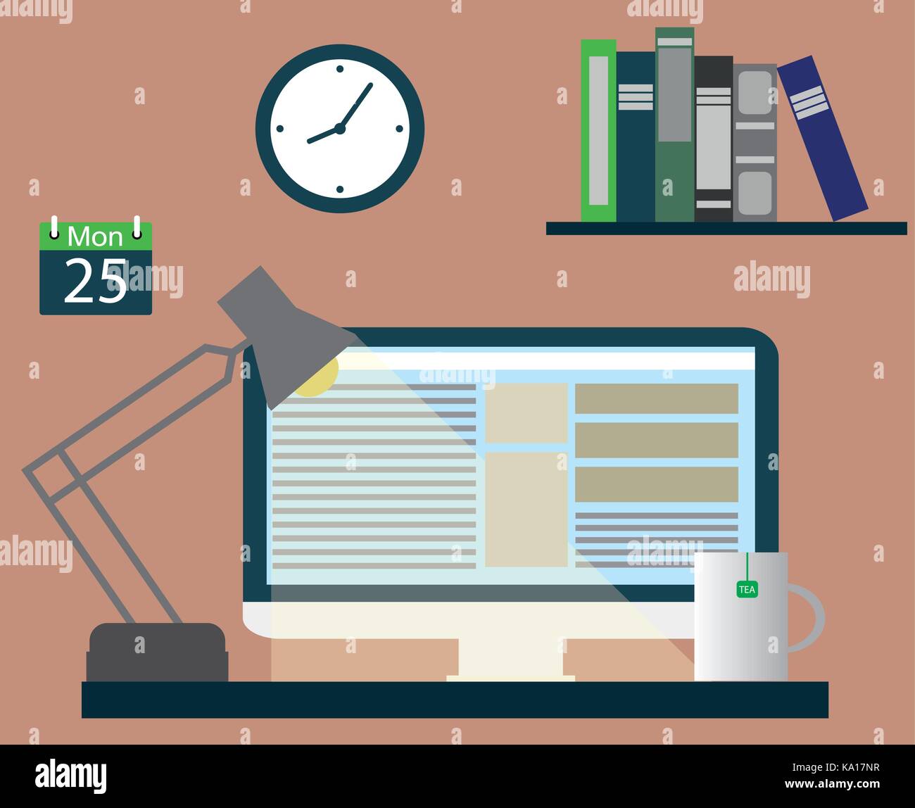 Computer screen on the table. Vector illustration of the work place ...