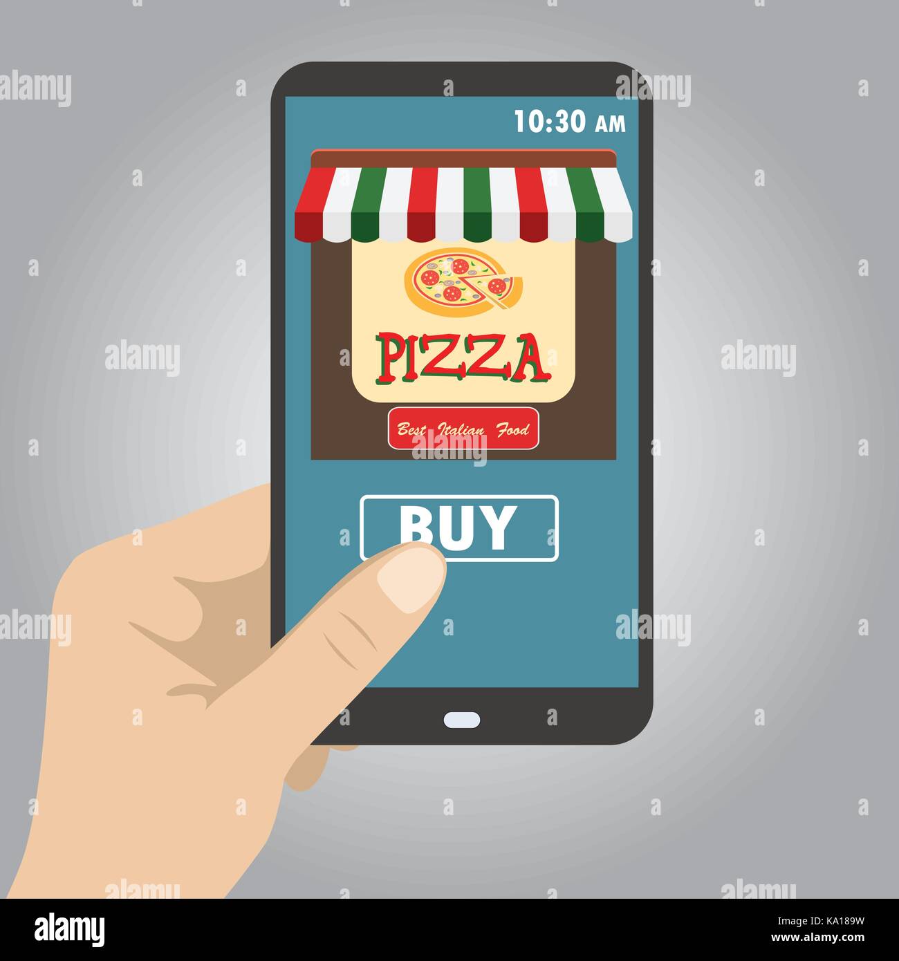 Vector flat illustration .Hand holding smart phone, order pizza using a ...