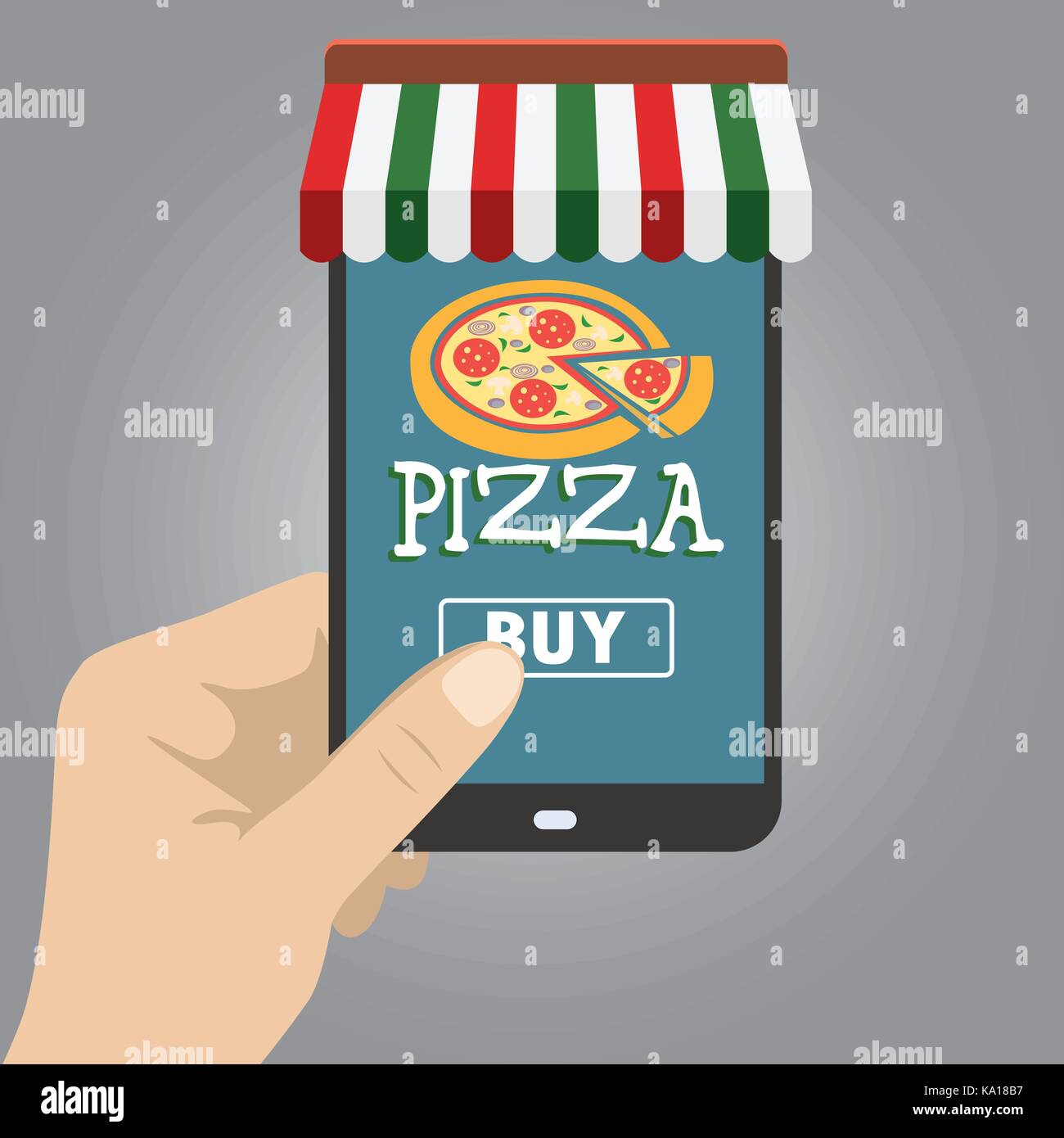 Vector flat illustration .Hand holding smart phone, order pizza using a ...