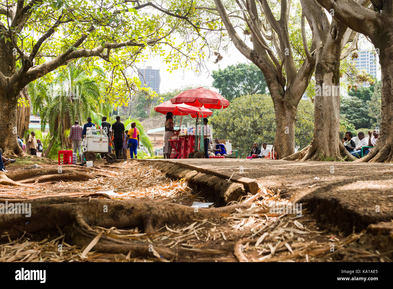 Food stall snack vendors along a path shaded under trees in Uhuru Park ...