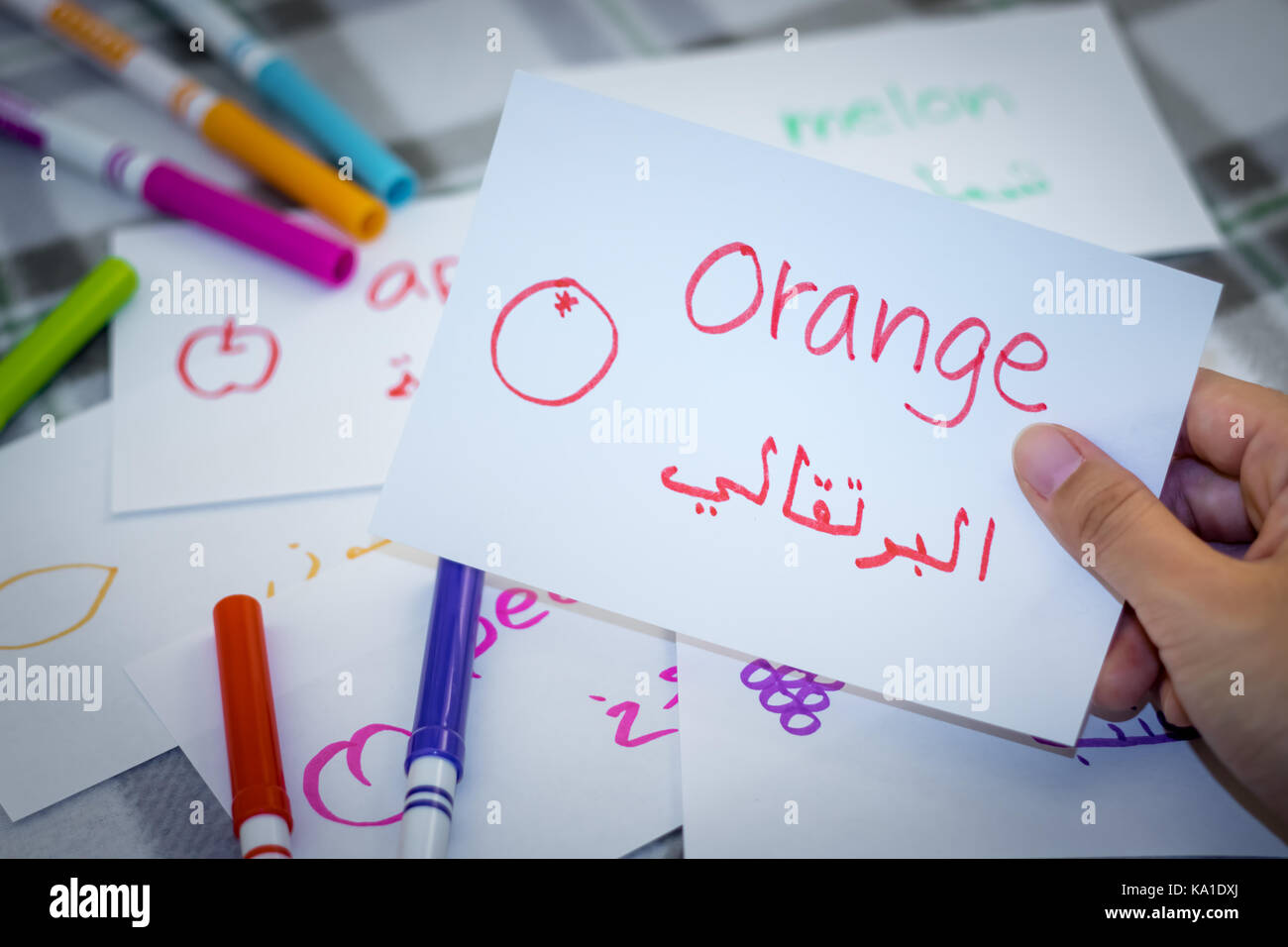 Arabic; Learning New Language with Fruits Name Flash Cards Stock Photo ...