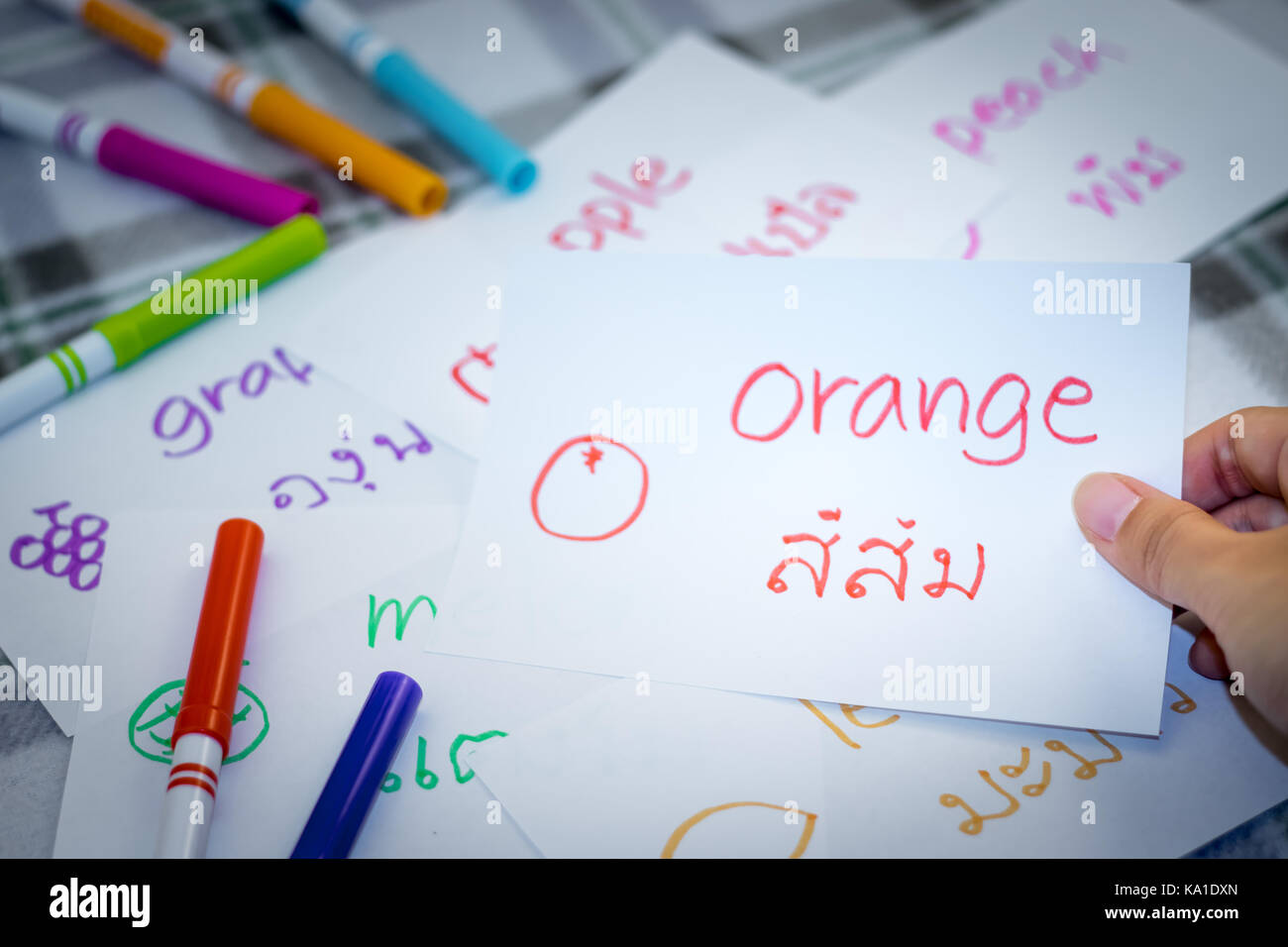 Thai; Learning New Language with Fruits Name Flash Cards Stock Photo ...