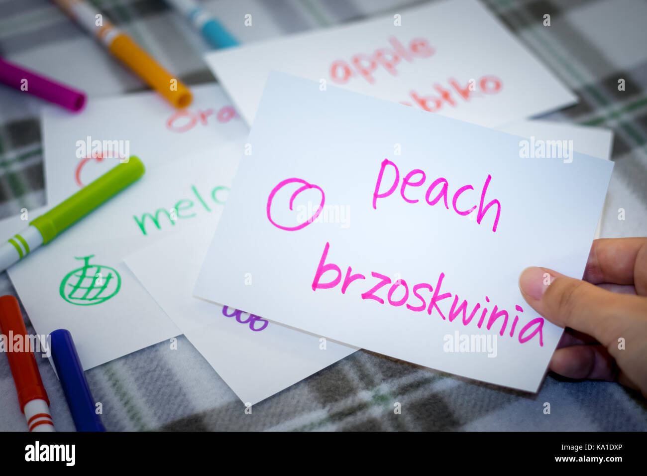 Polish; Learning New Language with Fruits Name Flash Cards Stock Photo ...