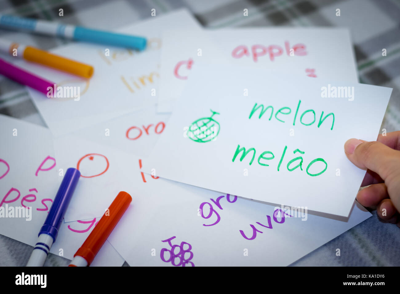 Portuguese; Learning New Language with Fruits Name Flash Cards Stock ...