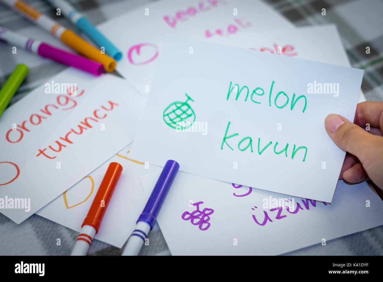 Turkish; Learning New Language with Fruits Name Flash Cards Stock Photo ...