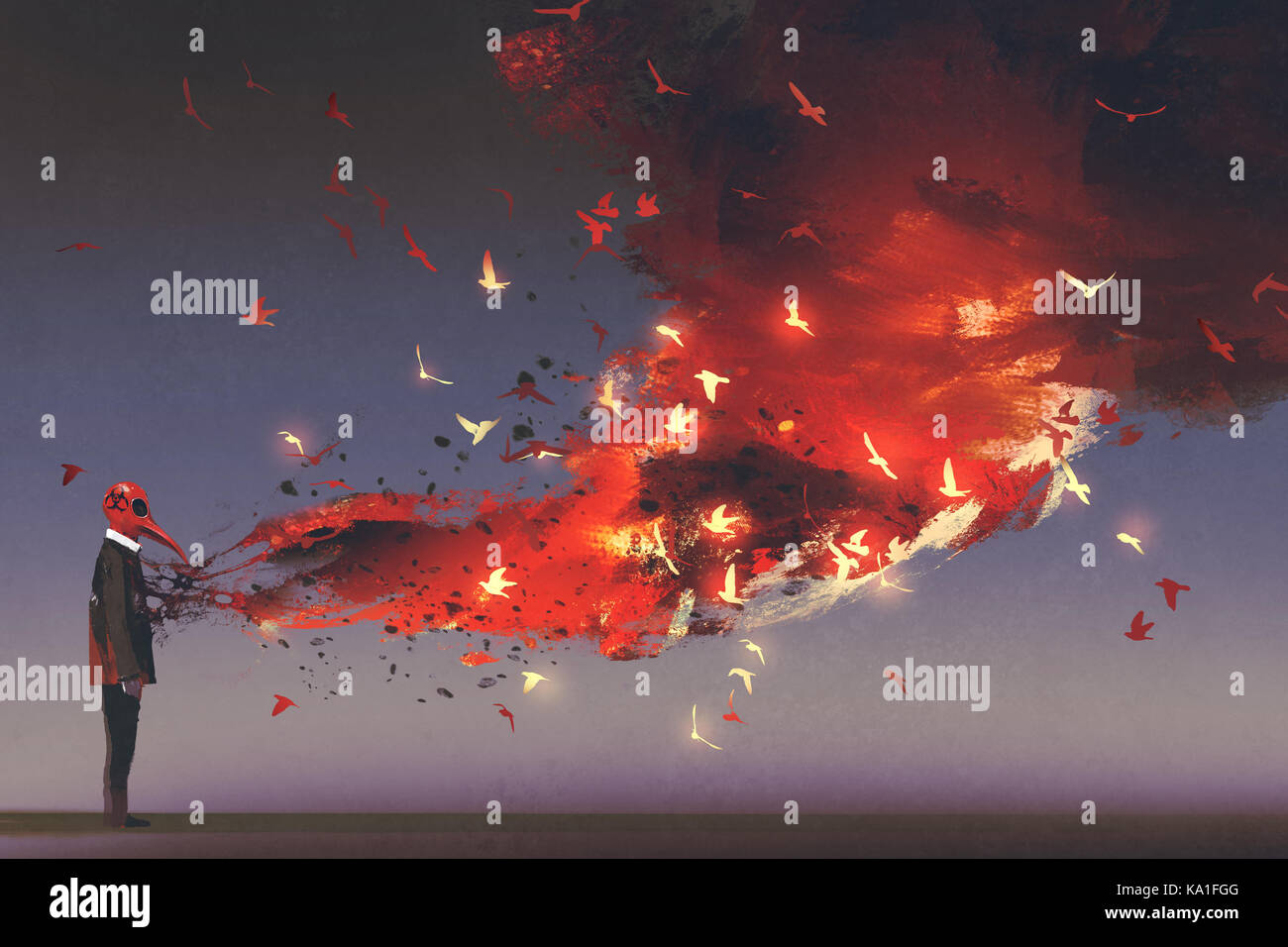 man in red mask standing with fire flame and smoke coming out from his ...