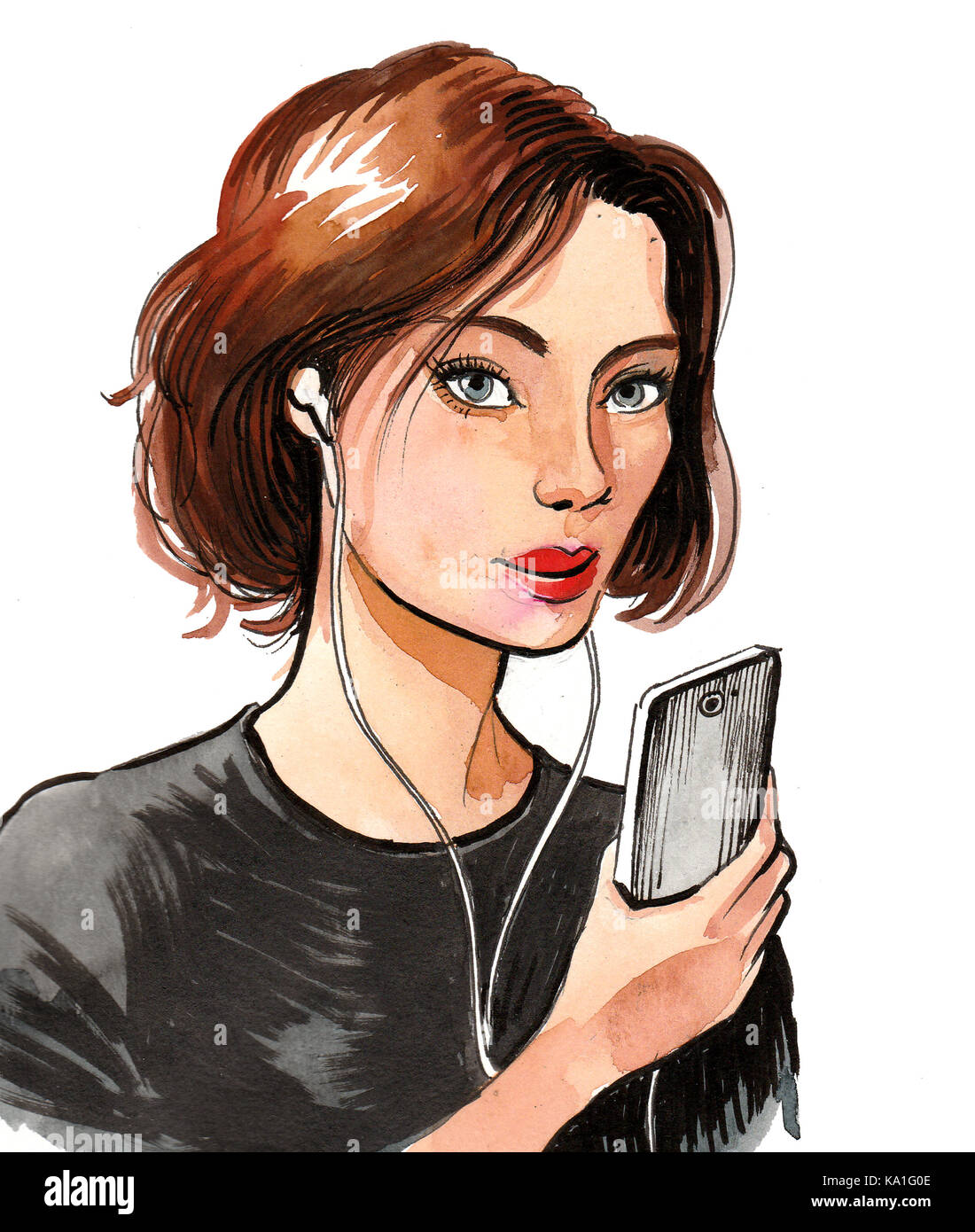 Watercolor sketch of a pretty girl with a smartphone Stock Photo - Alamy