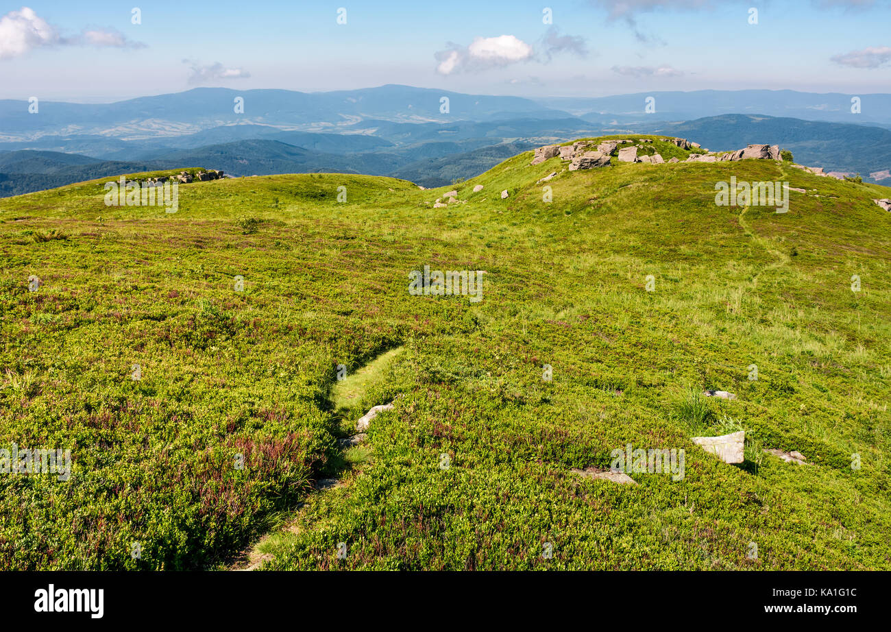 path through grassy meadow to huge boulders. beautiful mountainous ...