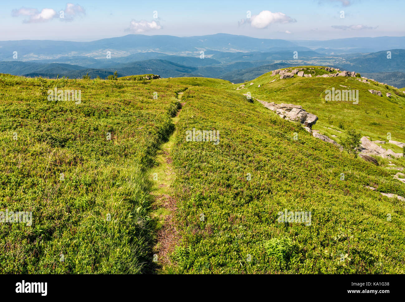 path through grassy meadow to huge boulders. beautiful mountainous ...