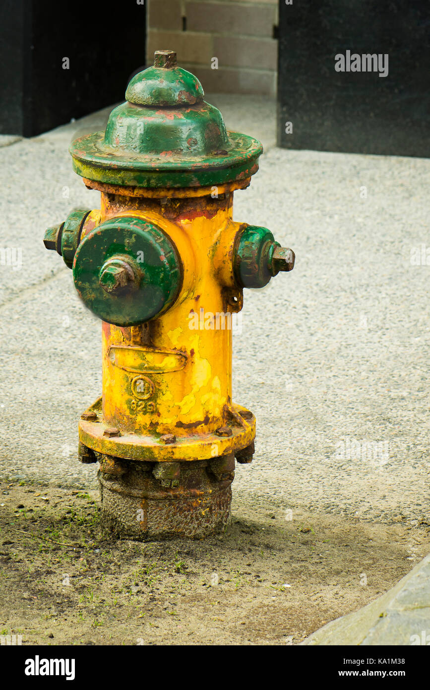 A green and yellow fire hydrant with rust in Seaside Oregon Stock Photo ...