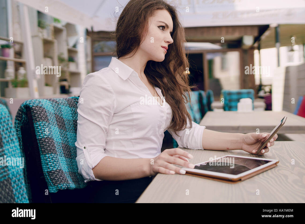 business woman enjoys gadgets Stock Photo - Alamy