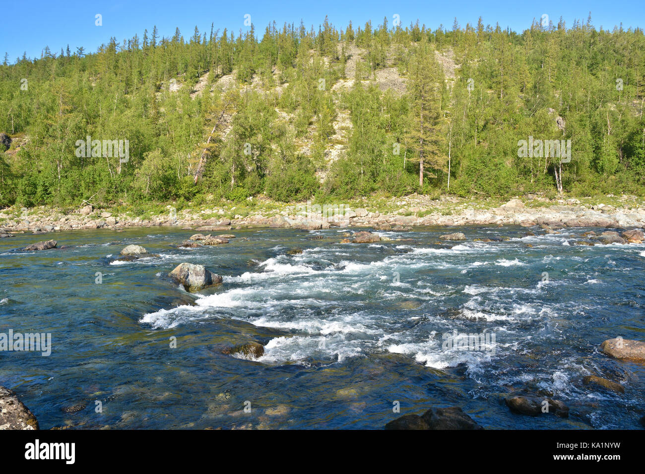 Threshold on the river of the Polar Urals. Summer landscape of stormy ...
