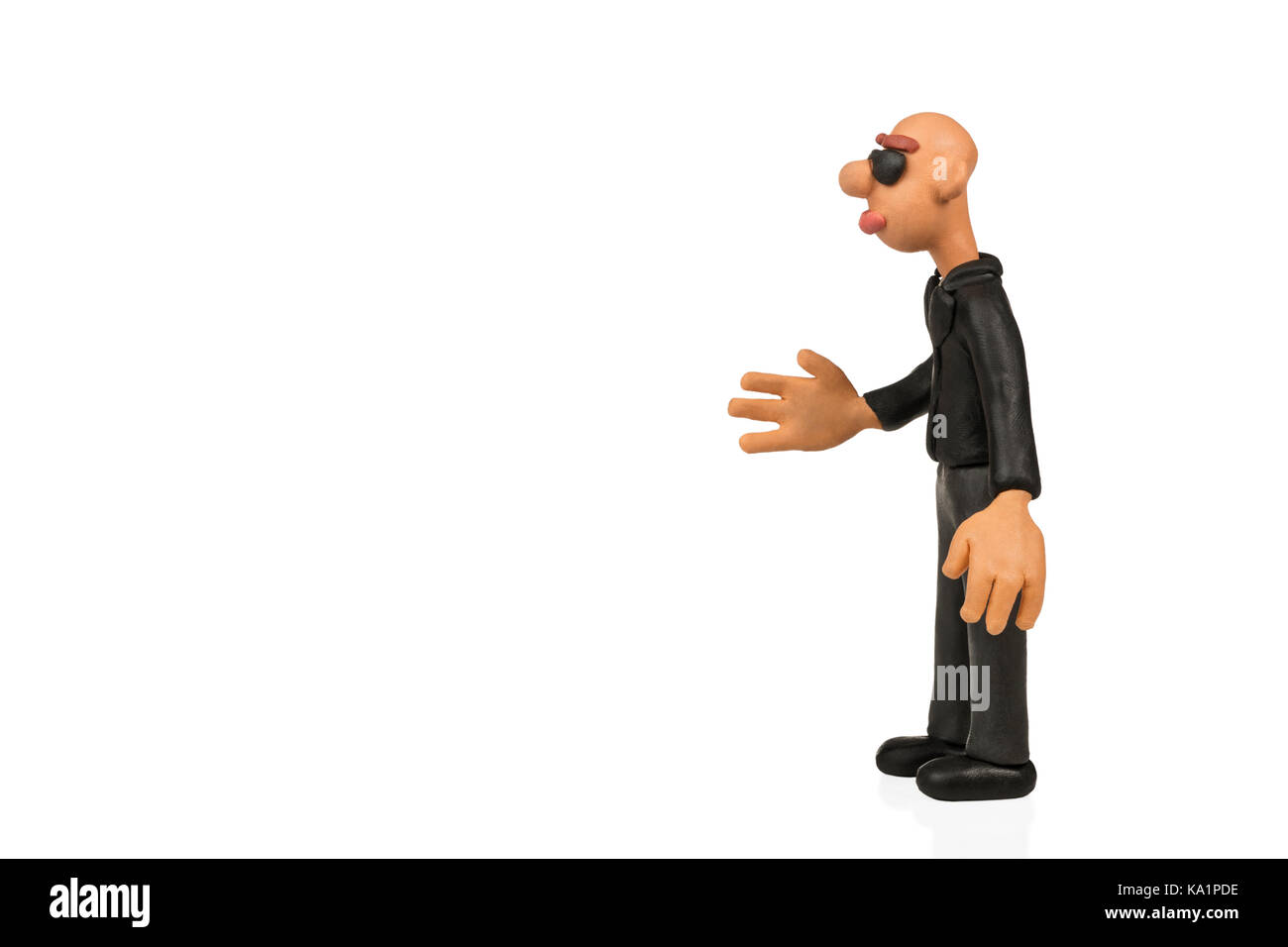 Bald plasticine man stretched out his hand for a handshake isolated on ...