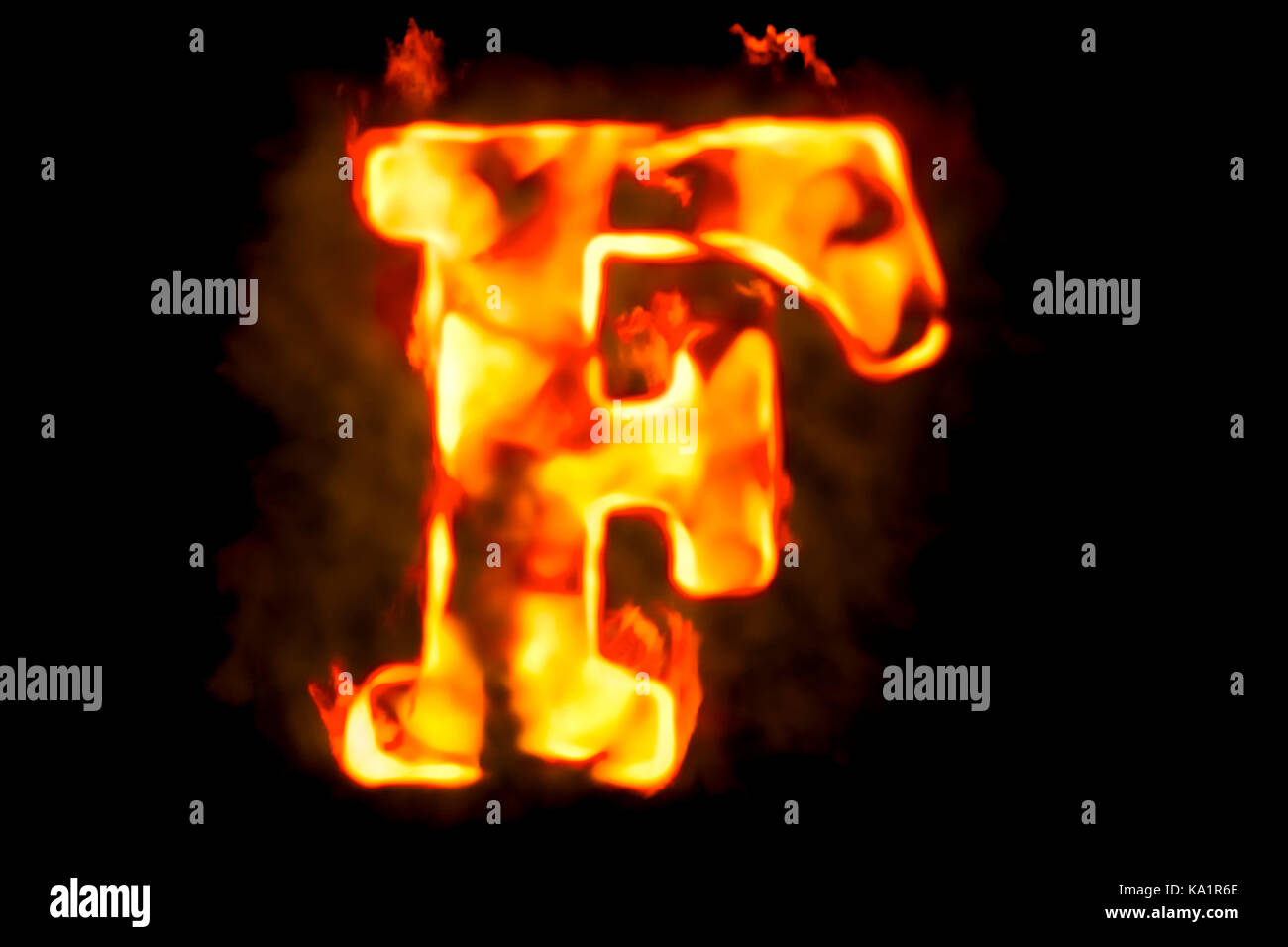 Fire letter F of burning flame light, 3D rendering isolated on black ...