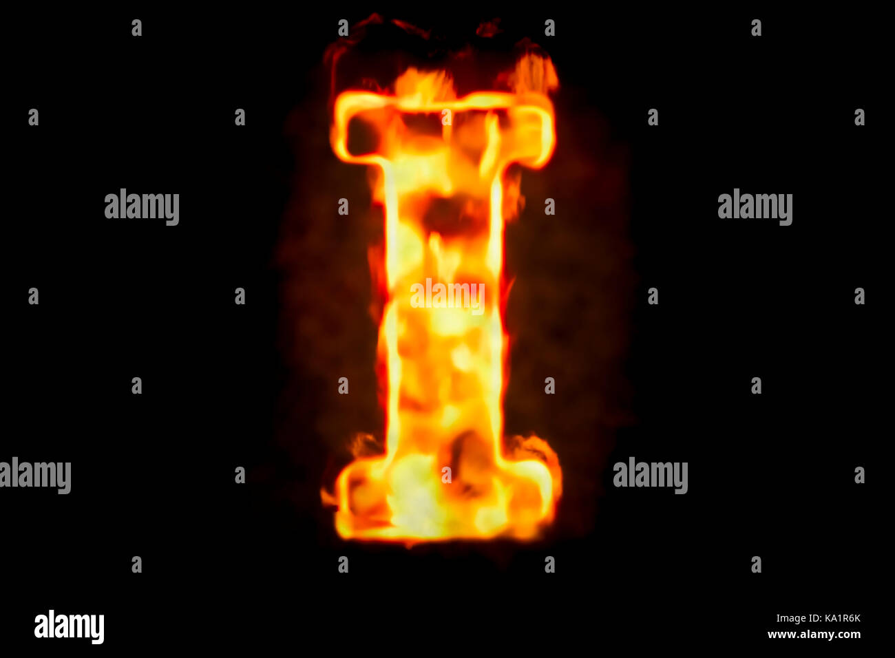 Fire letter I of burning flame light, 3D rendering isolated on black ...