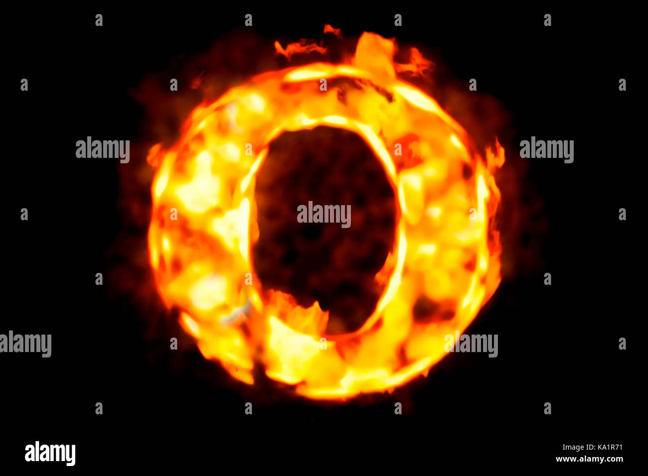 Fire letter O of burning flame light, 3D rendering isolated on black ...