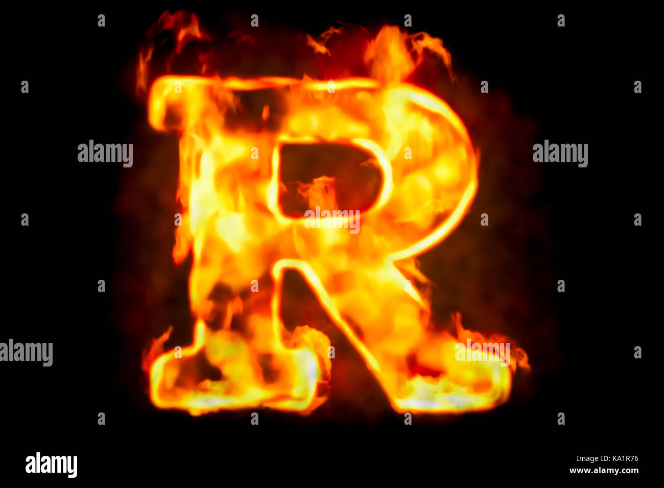 Fire letter R of burning flame light, 3D rendering isolated on black ...