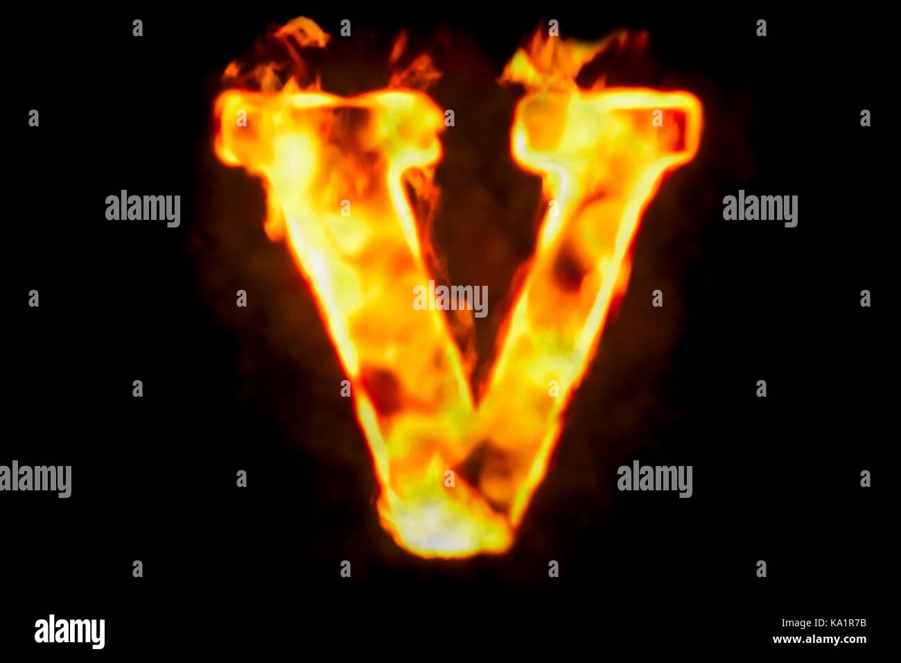 Fire letter V of burning flame light, 3D rendering isolated on black ...