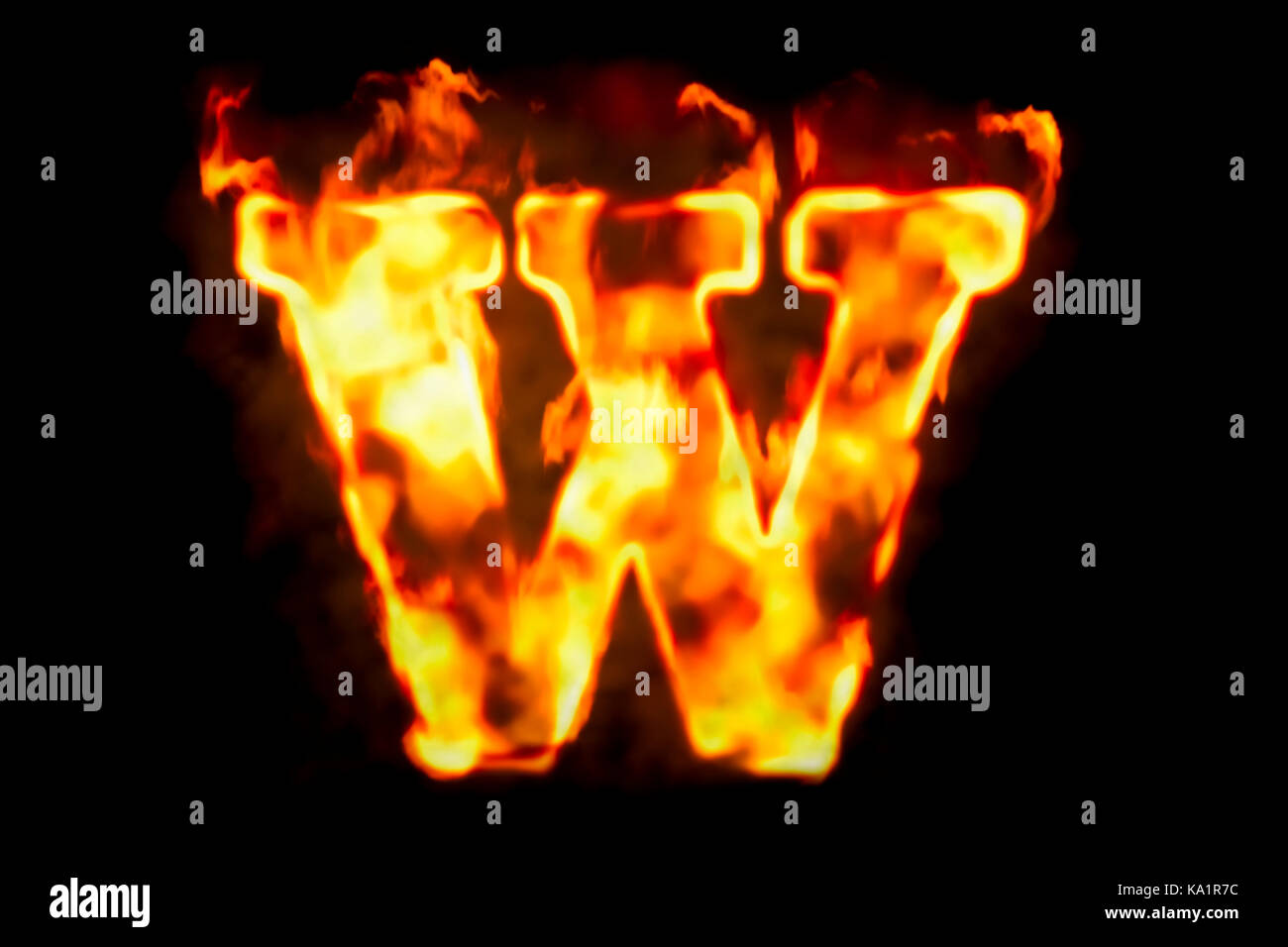 Fire letter W of burning flame light, 3D rendering isolated on black ...