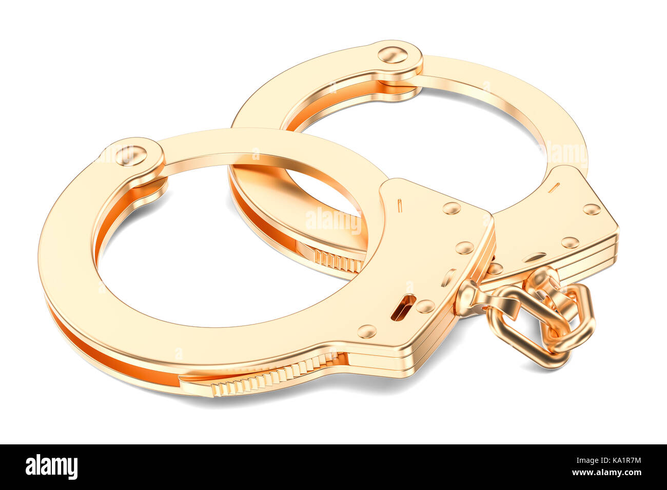 Golden Handcuffs closeup, 3D rendering isolated on white background ...