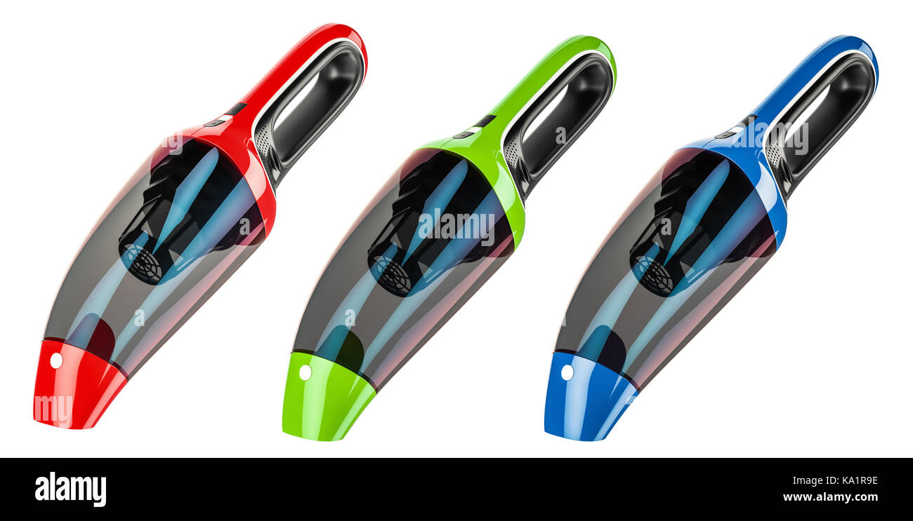 Set of colored portable vacuum cleaners, 3D rendering isolated on white ...