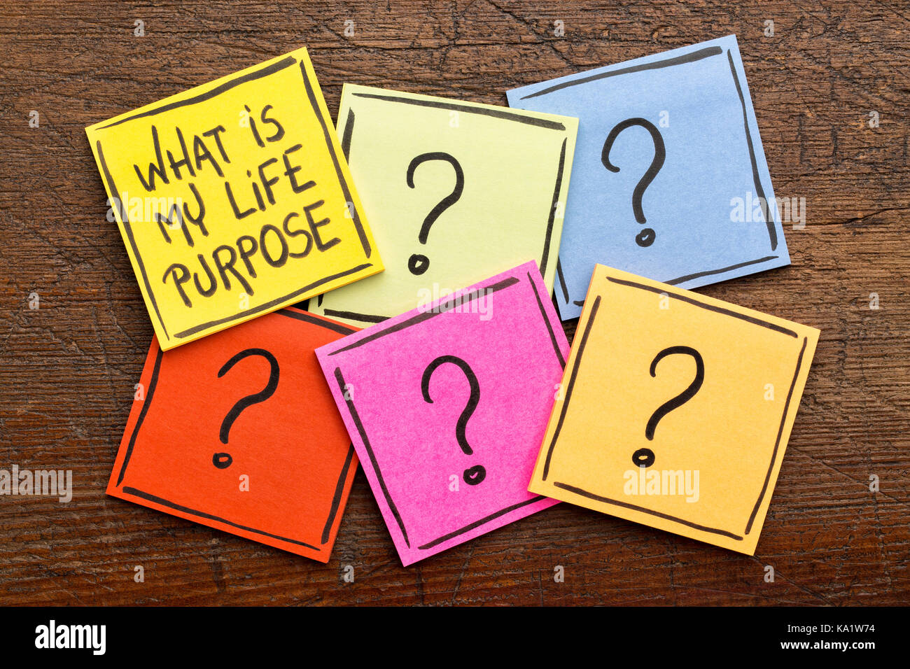 What is my life purpose? Handwriting on sticky notes with multiple ...