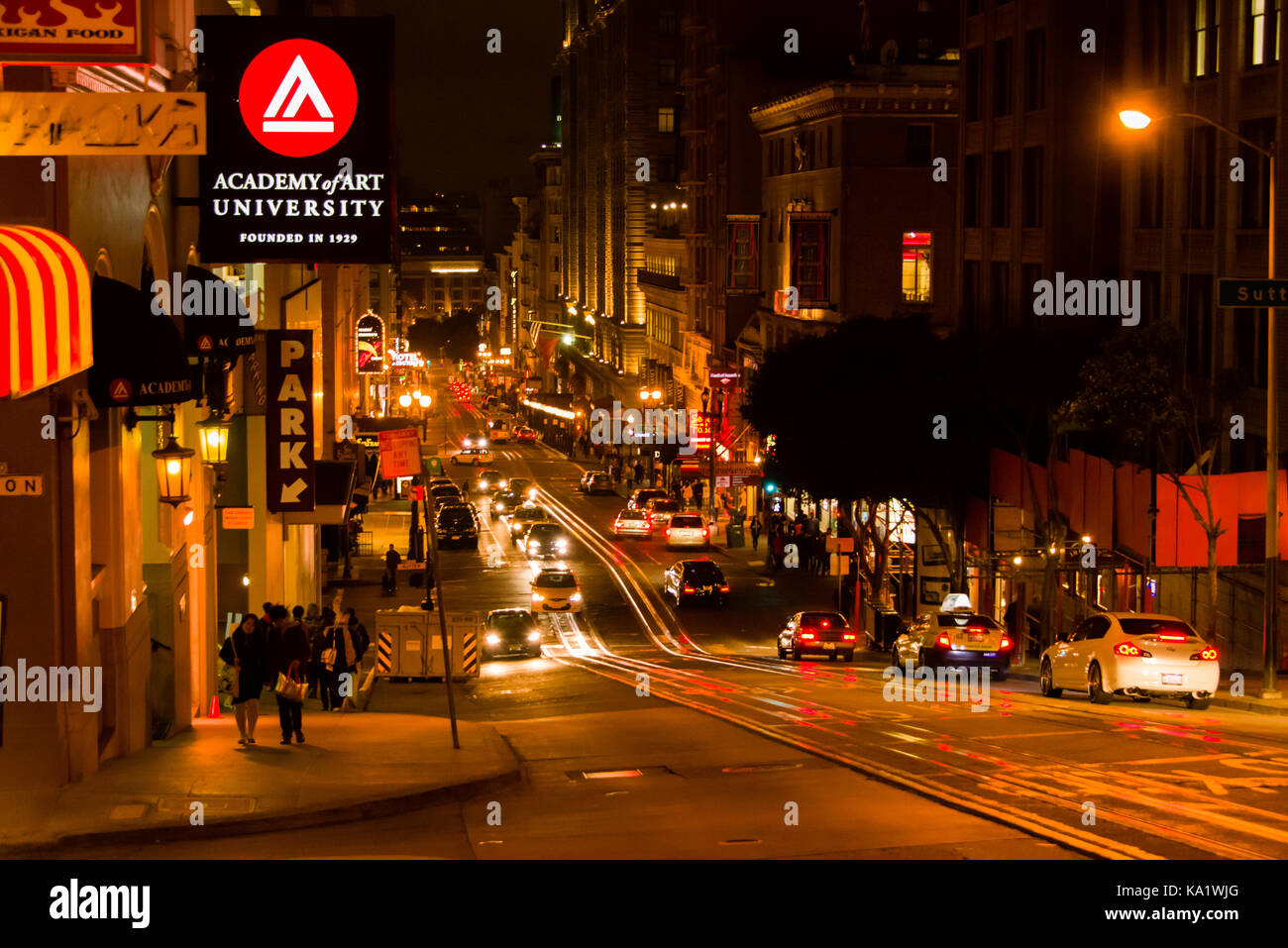 Cars light-up Powell street at night, San Francisco, California ...