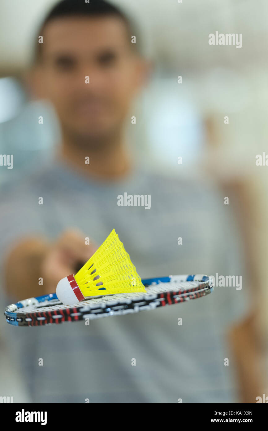 badminton shutter cock on a racket Stock Photo - Alamy