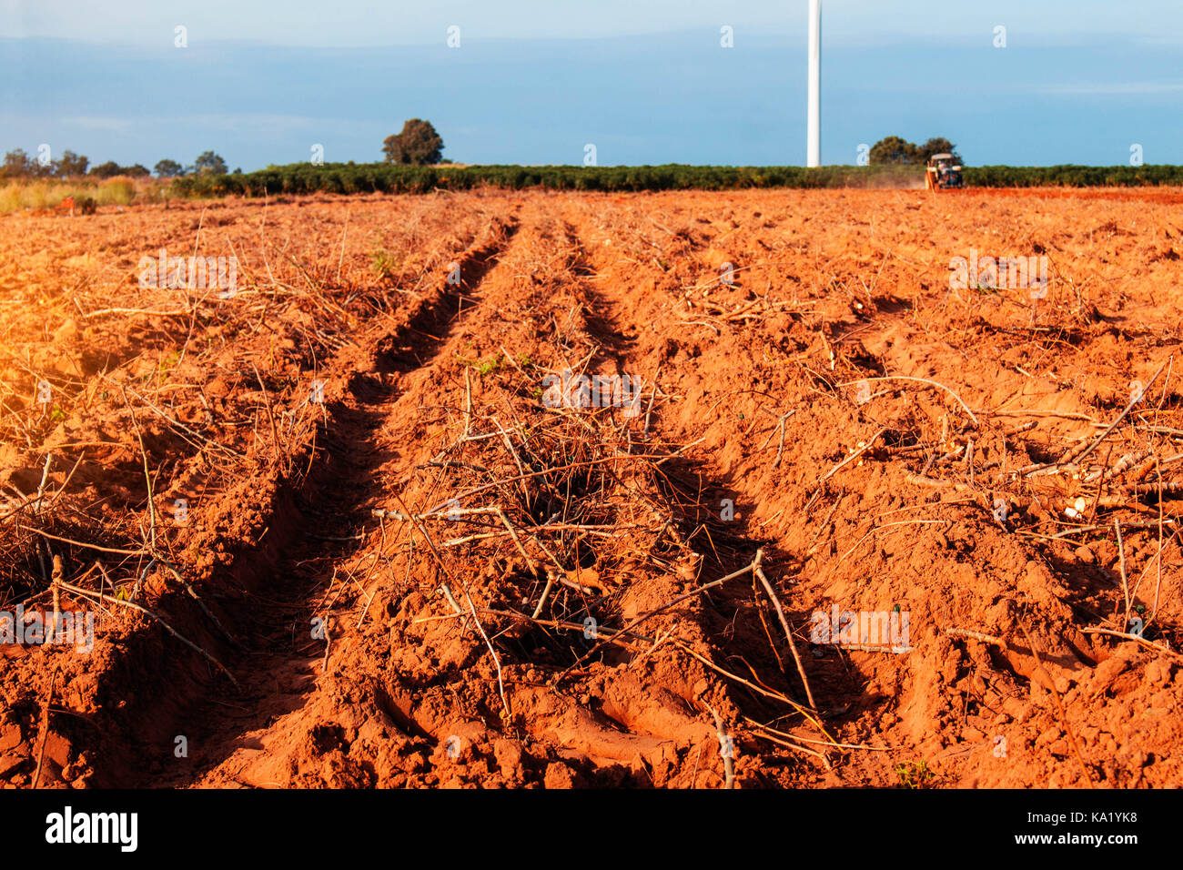 Wheel track on the ground with farmers using tractors plowing Stock ...