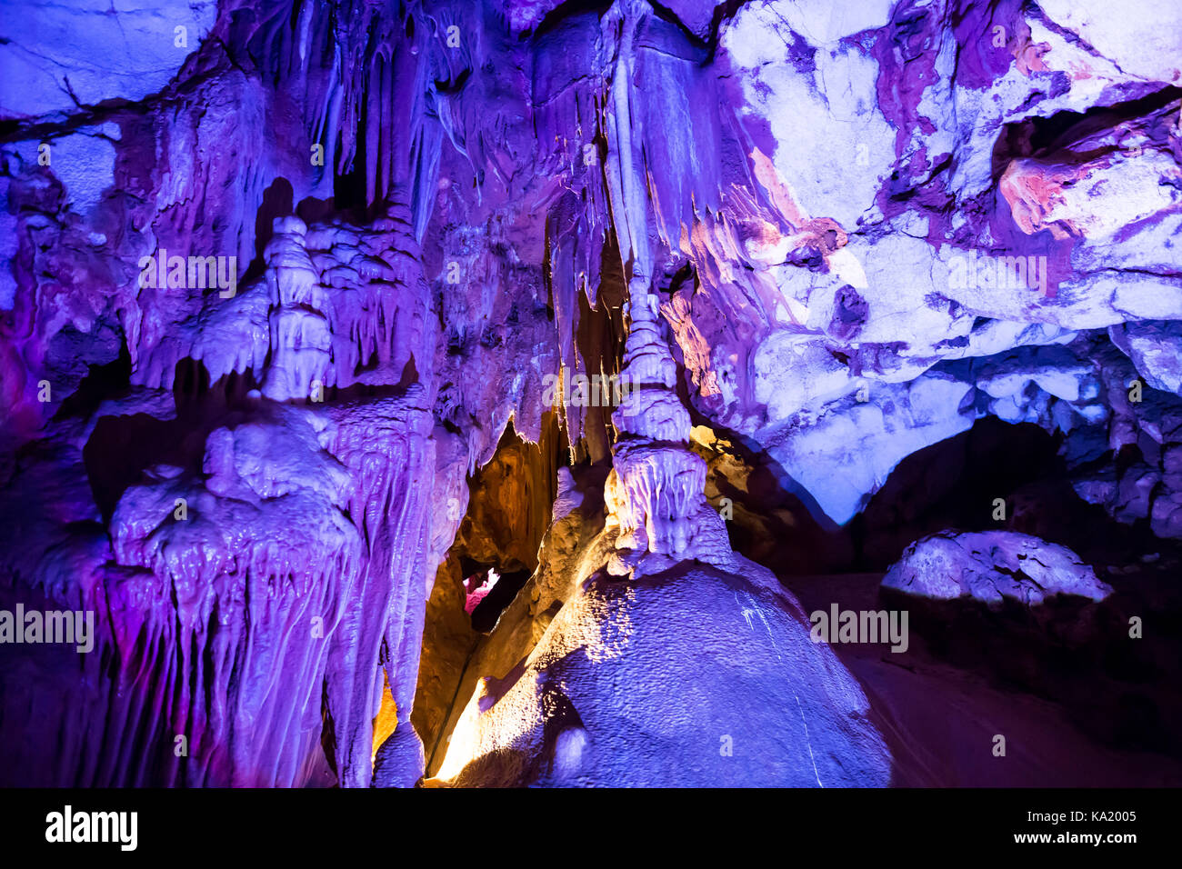 Venetsa Cave in Bulgaria. Beautiful colorful and illuminated cave full ...