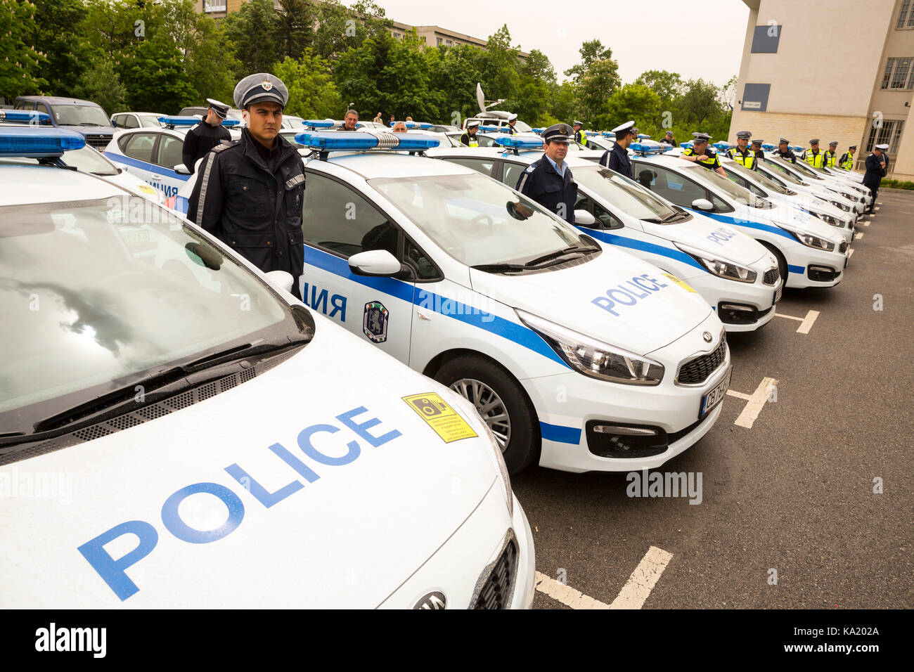 Sofia, Bulgaria - 12 May 2017: Police officers stand beside their new ...