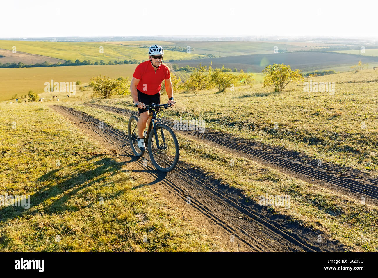 Bike adventure travel photo. Bike tourist rides on the country road ...