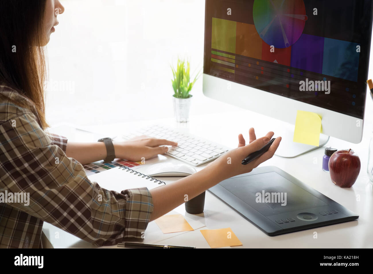 Graphic design woman analysis color in computer,Creative concept Stock ...