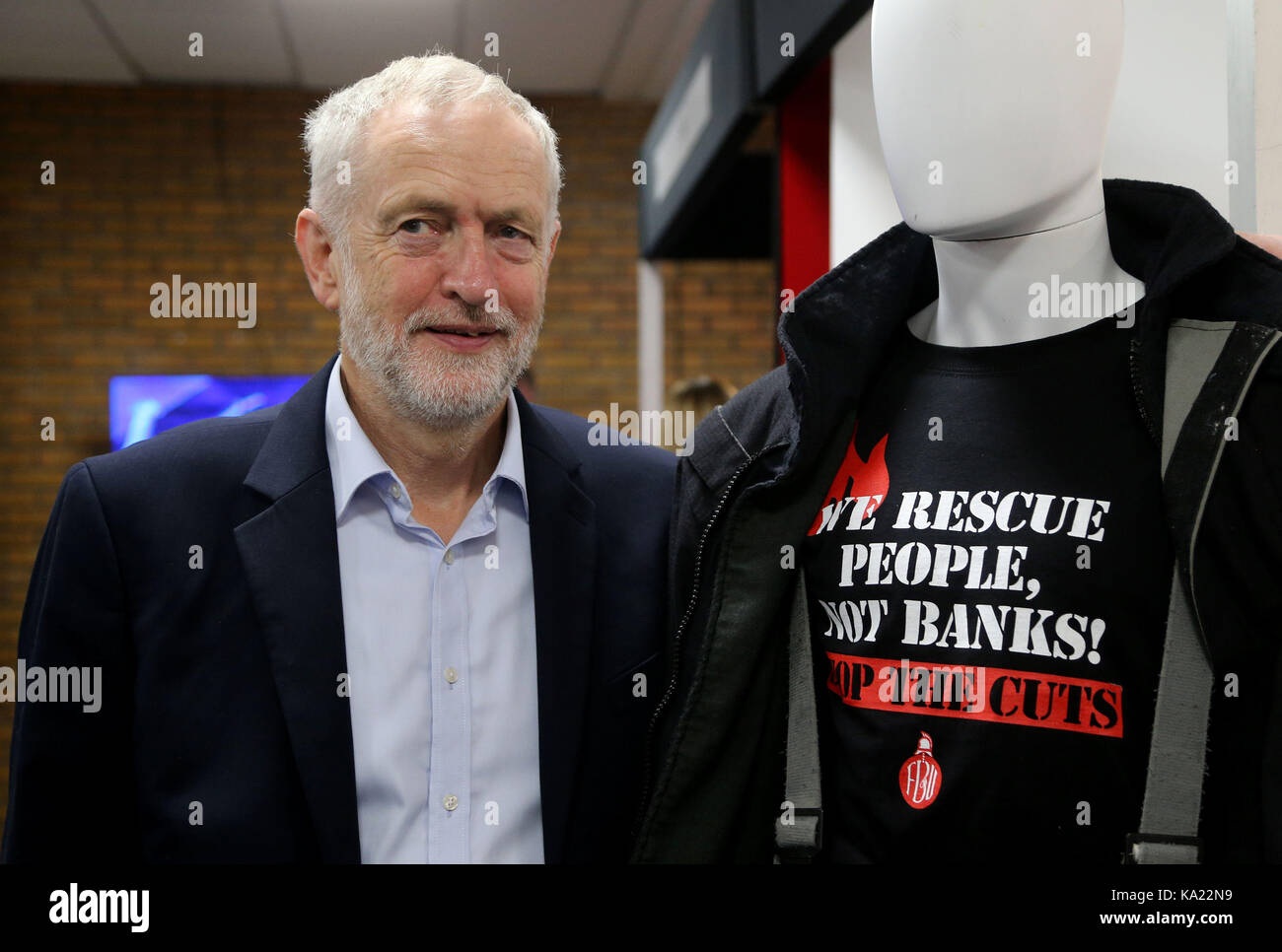 Labour leader Jeremy Corbyn visits the exibition stands at the Labour ...