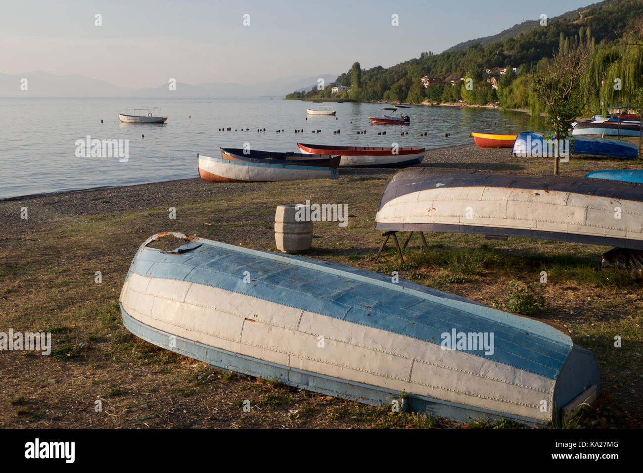 Fishing boats on a beach by lake Ohrid,Macedonia,Eastern Europe Stock ...