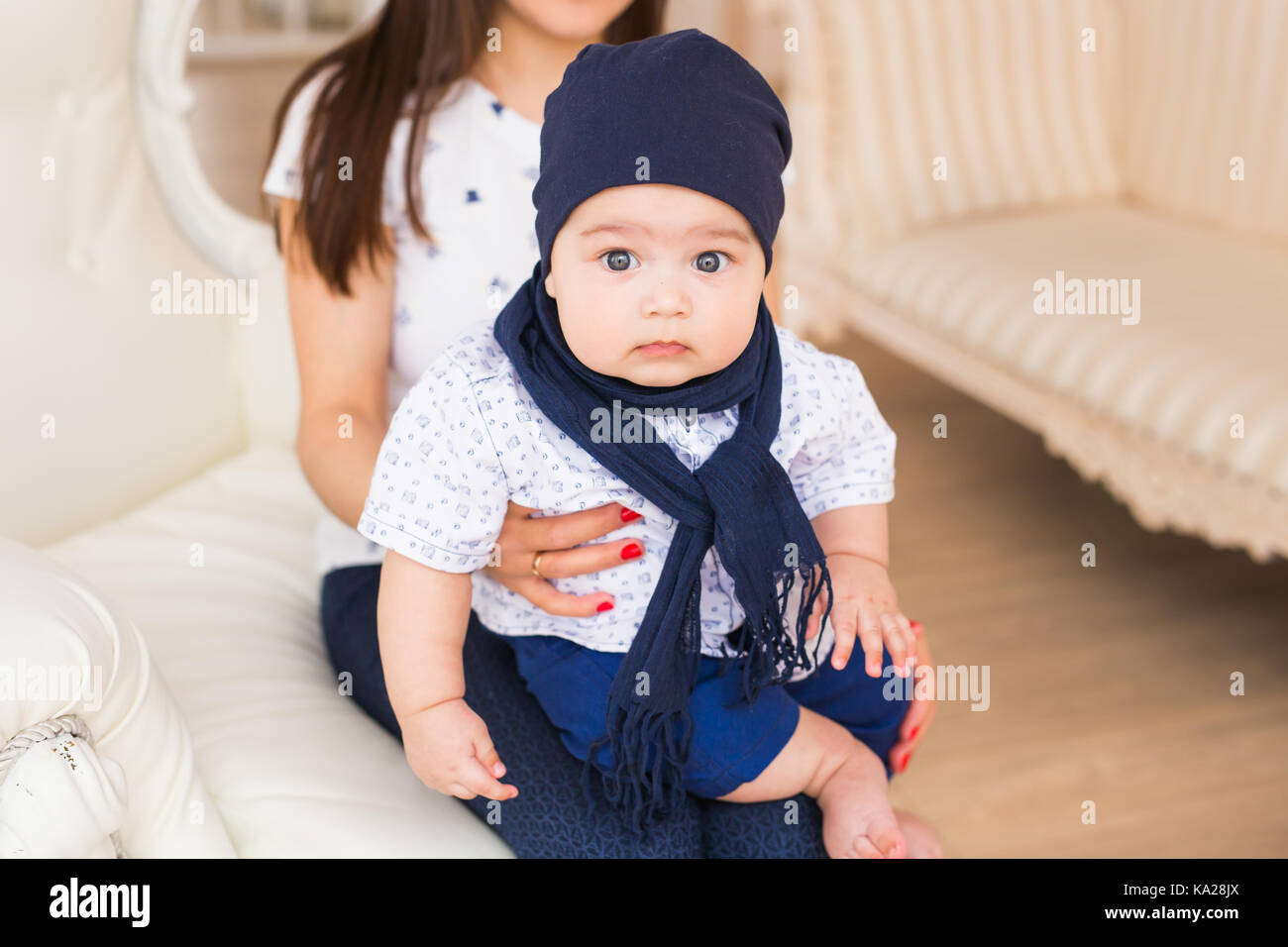 Child, childhood and infant concept - close-up of happy little baby boy ...