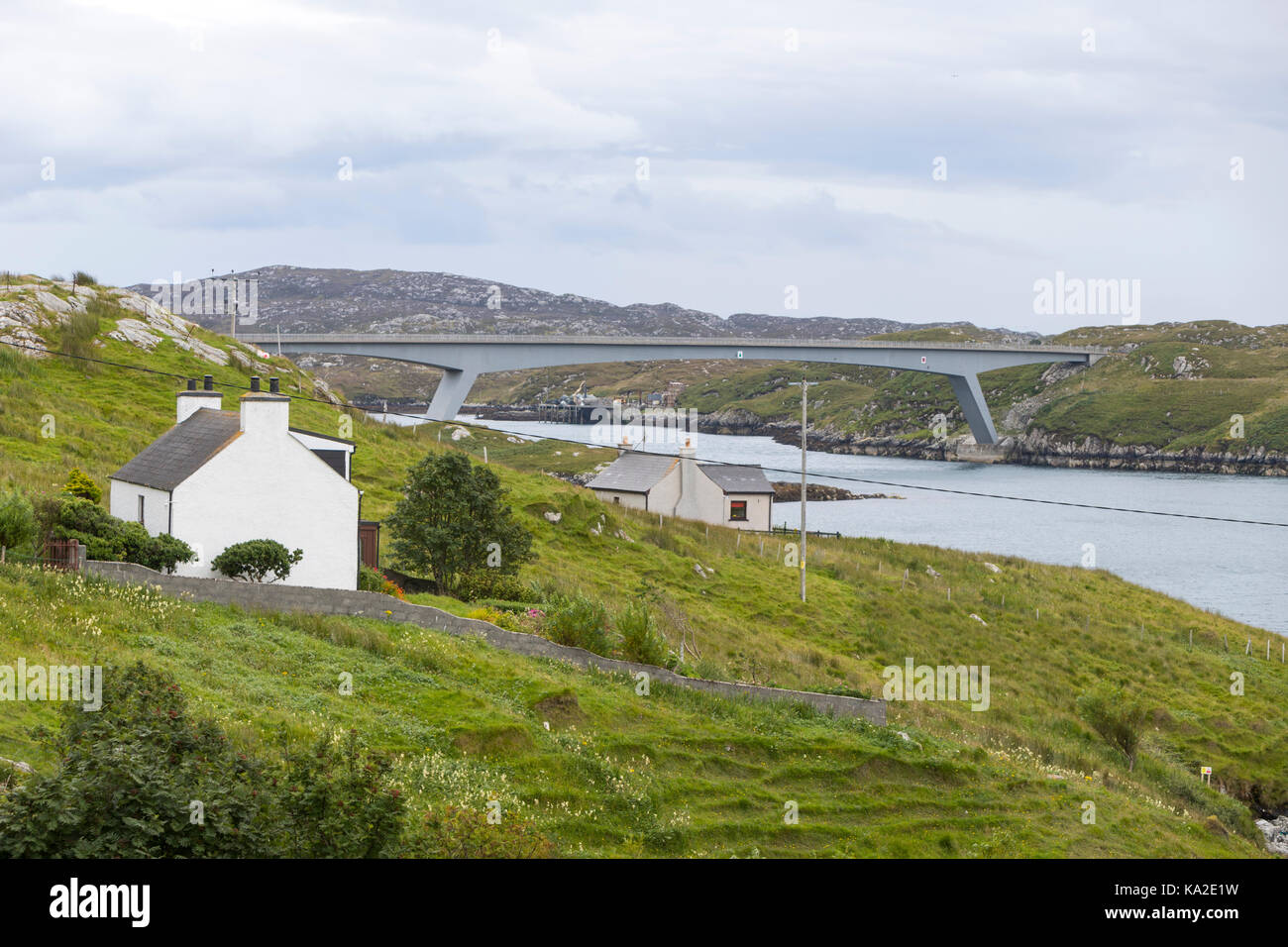 Bridge to Isle of Scalpay from ferry to Tarbert and a rural house ...