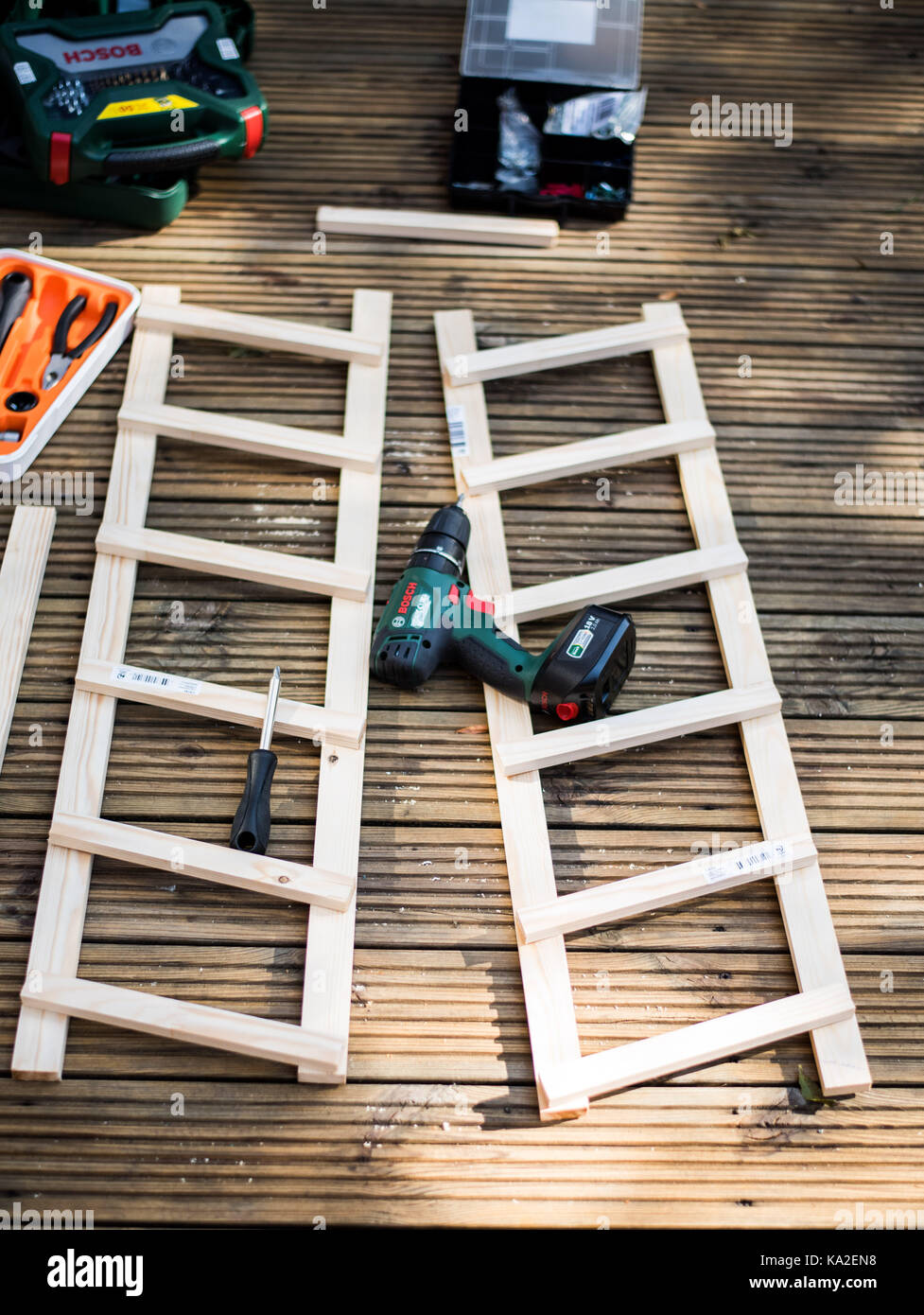 DIY project to build a shelf using wood, tools and driller Stock Photo ...