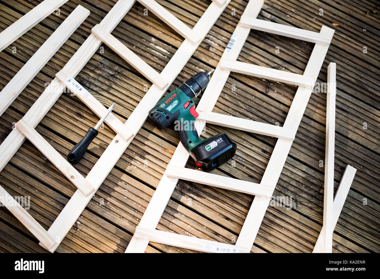 DIY project to build a shelf using wood, tools and driller Stock Photo ...