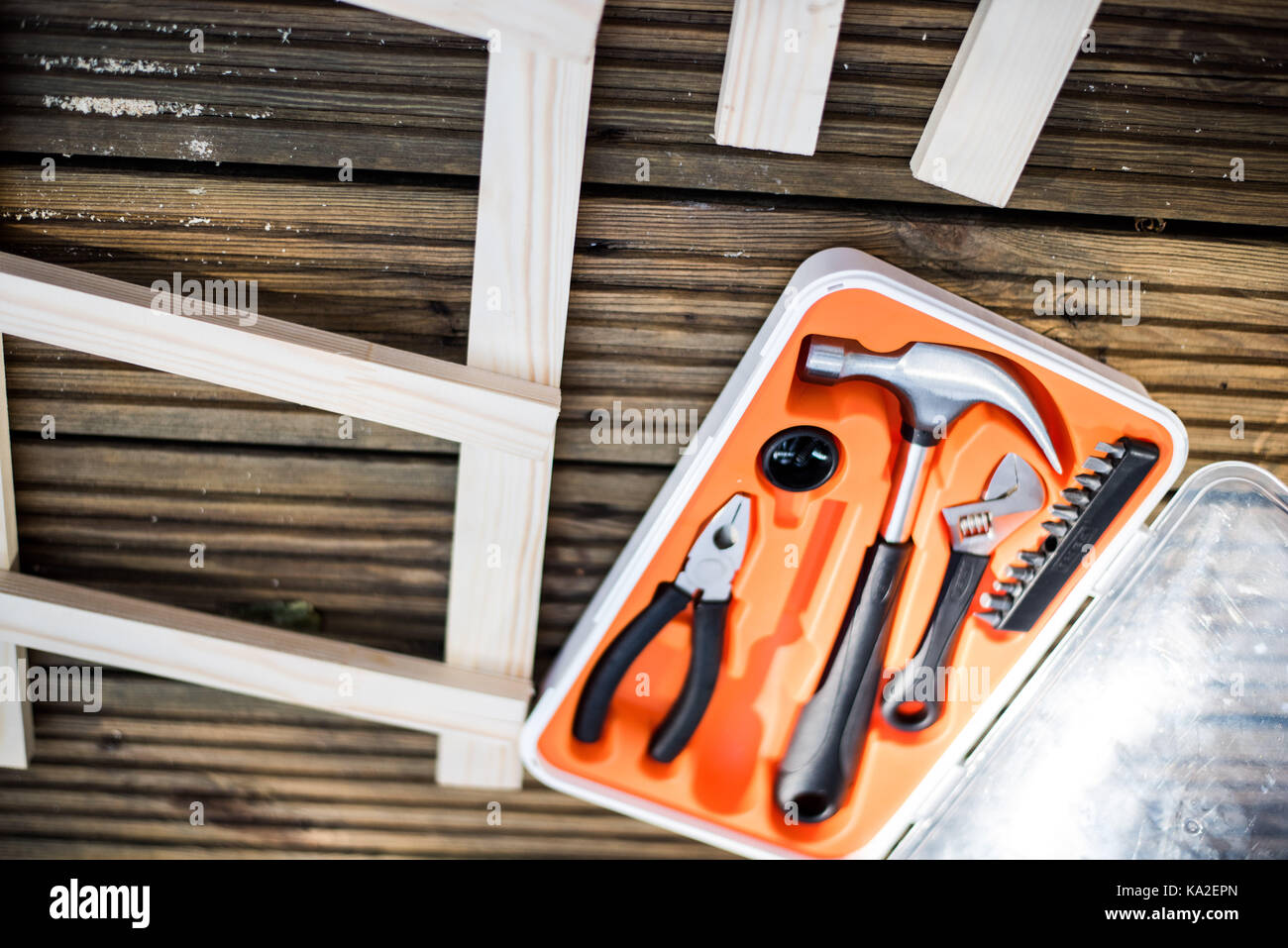 DIY project to build a shelf using wood, tools and driller Stock Photo ...