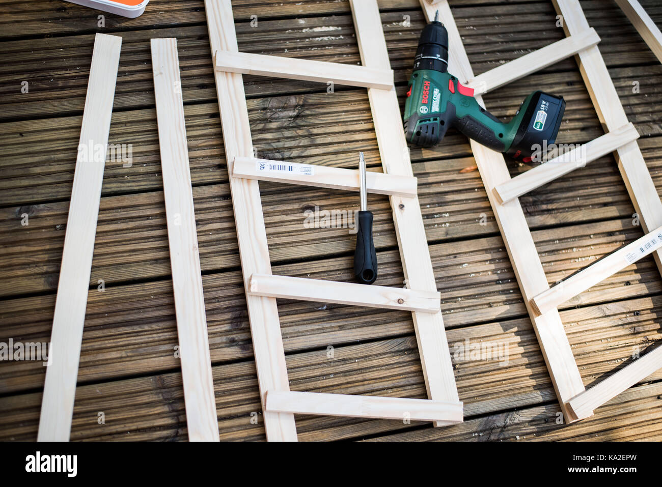 DIY project to build a shelf using wood, tools and driller Stock Photo ...