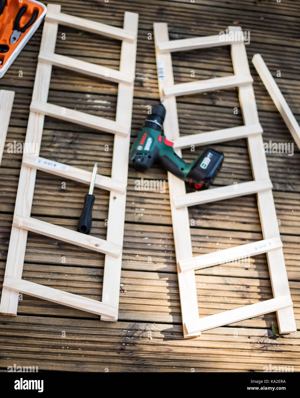 DIY project to build a shelf using wood, tools and driller Stock Photo ...