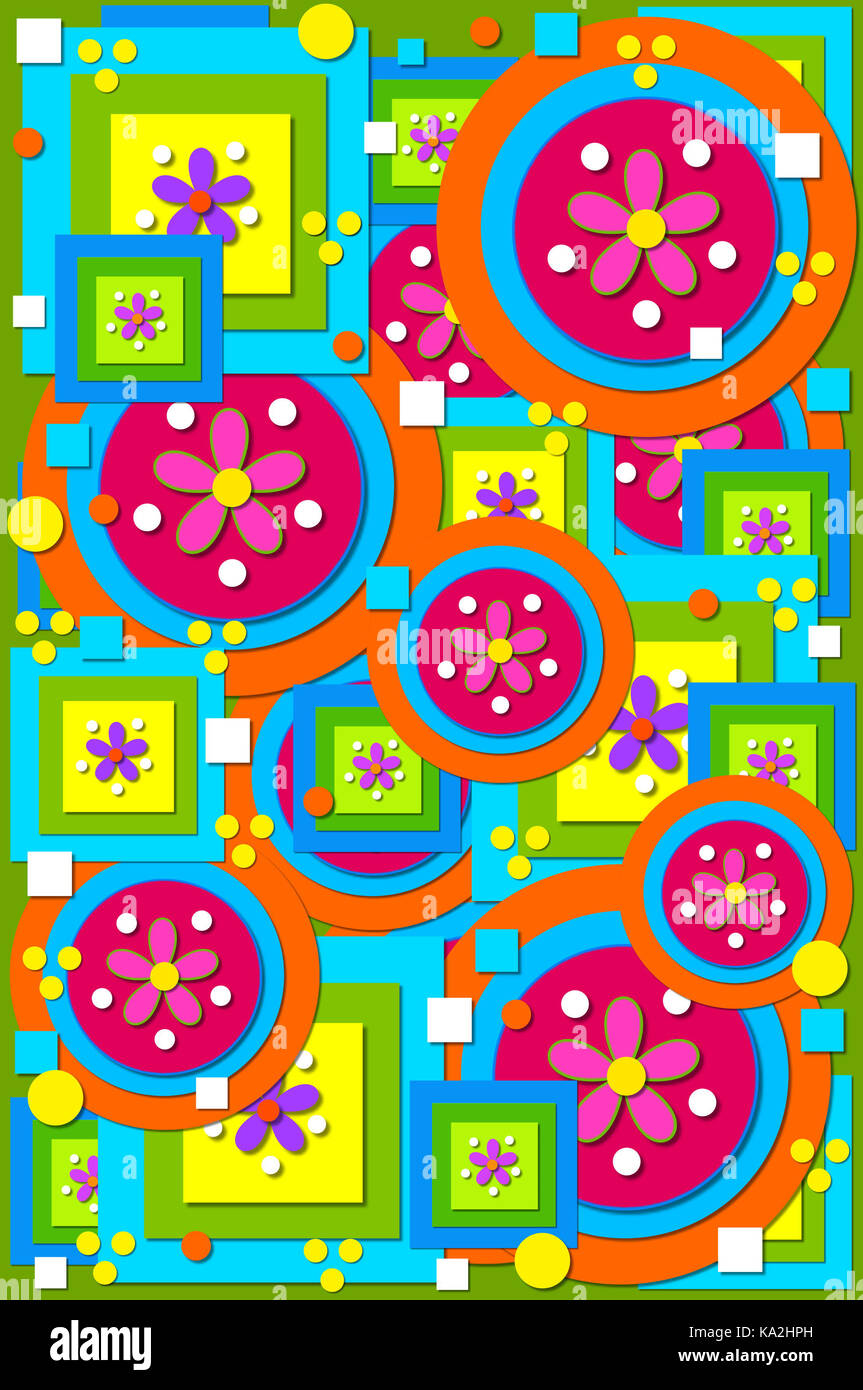 Geometric shapes of circles, squares fill background image. Cool colors ...