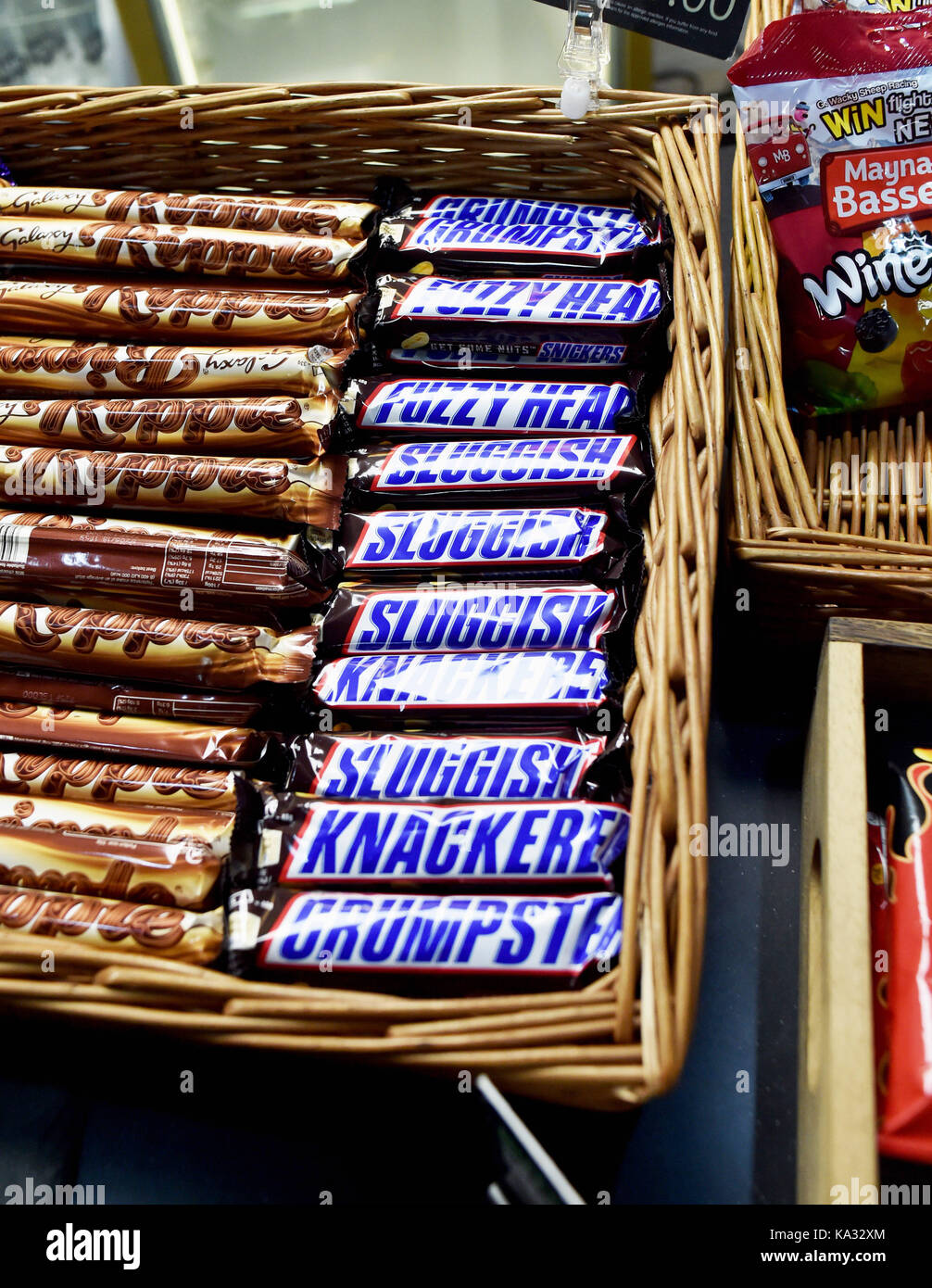 Brighton, UK. 25th Sep, 2017. Some interestingly named chocolate bars ...