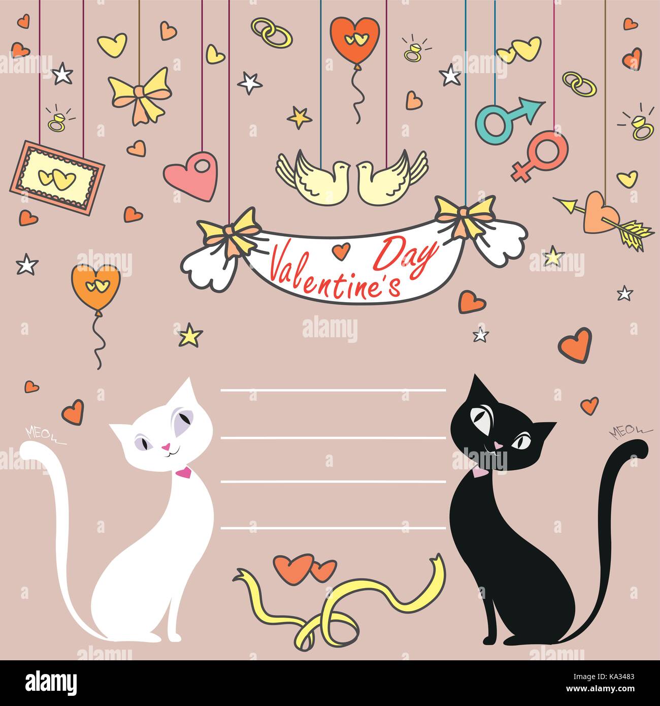Greeting Card, Valentine's Day, black and white cat,vector illustration ...
